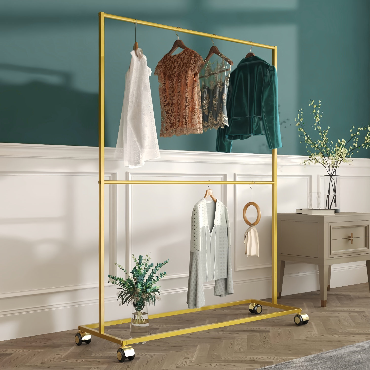 Everly Quinn 47" Gold Rolling 2 - Tier Clothing Rack for Boutiques ...