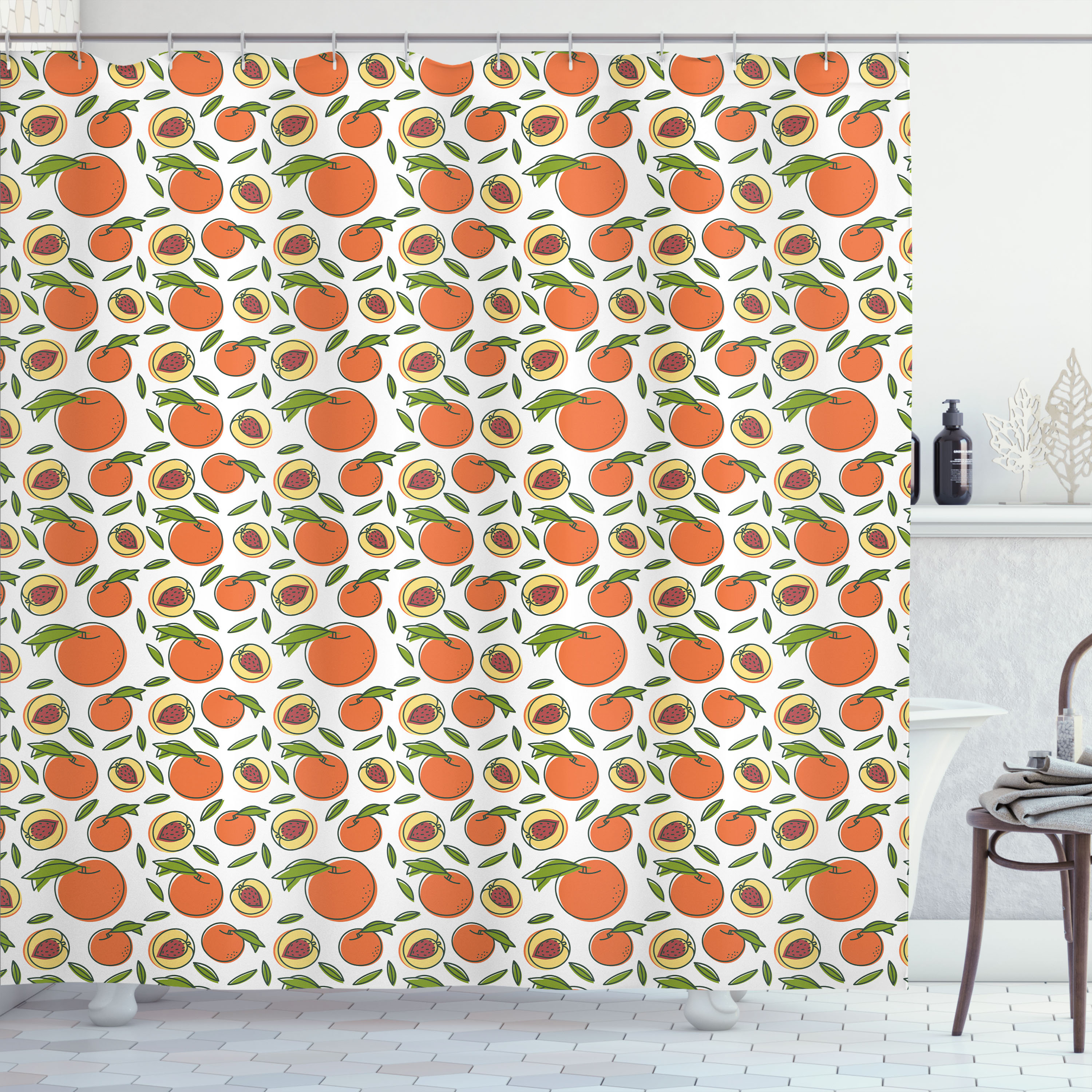East Urban Home Peach Colors Shower Curtain Fruit with Art White and ...
