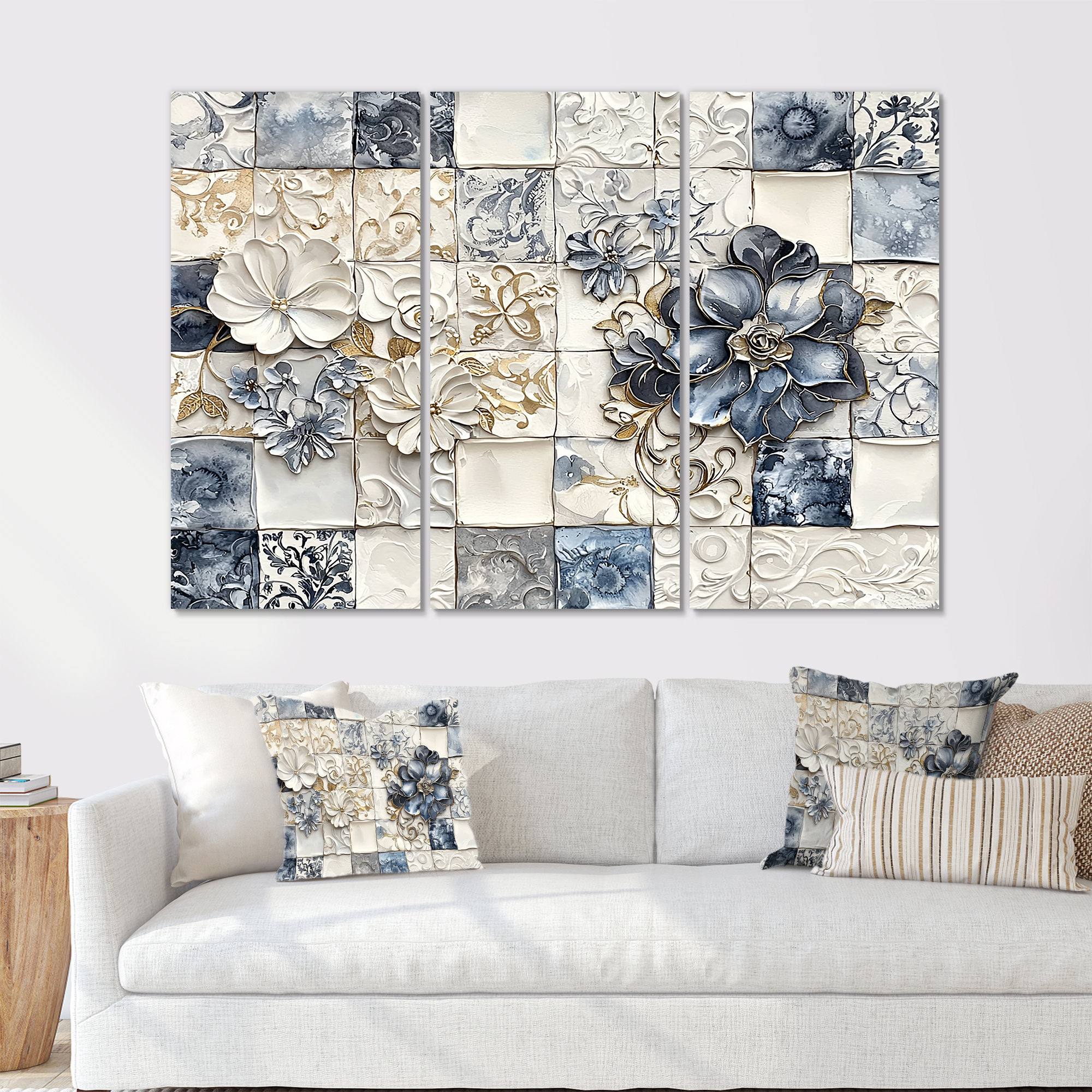 Lark Manor™ White And Blue Floral Abstract Tiles III - Boho Tiles Wall ...
