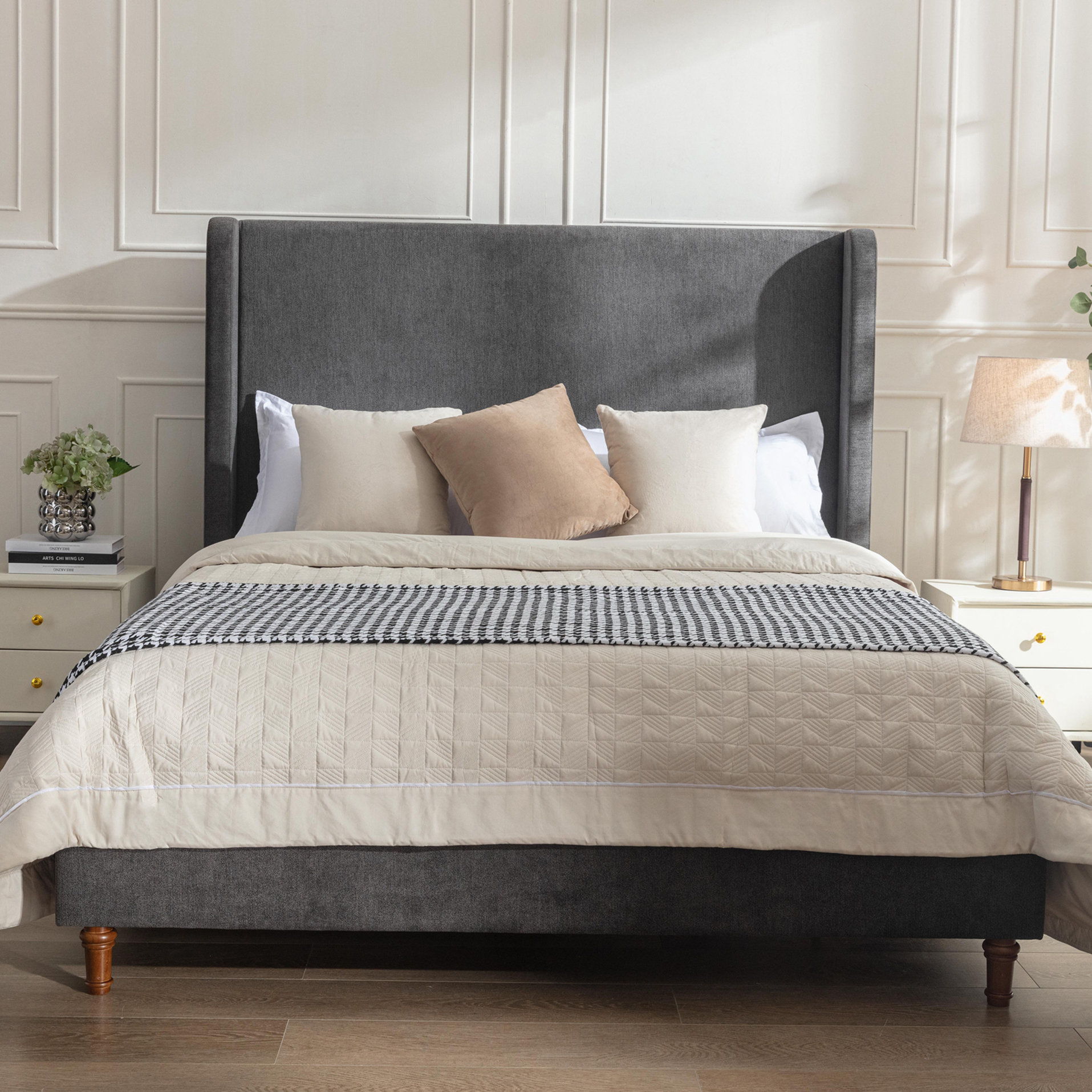 Latitude Run® Full Size Gray Linen Upholstered Platform Bed with ...