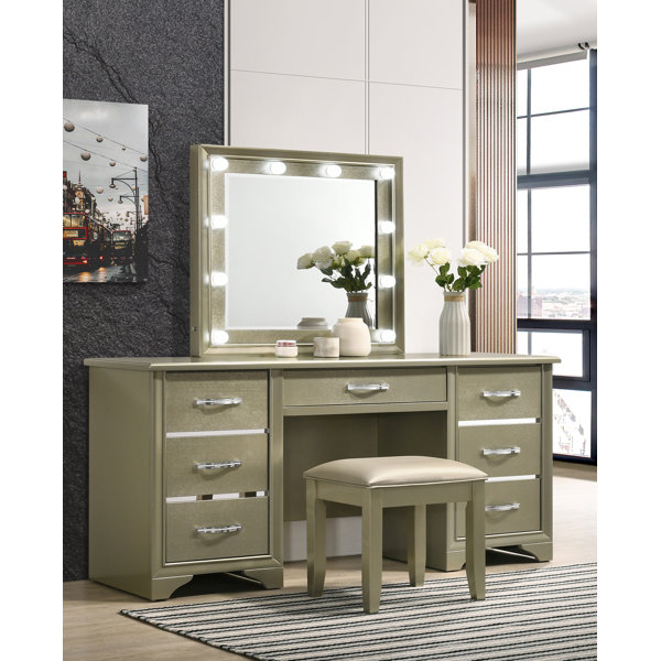 Rosdorf Park Fortna 7 Drawer Vanity Desk with Lighted Mirror in ...