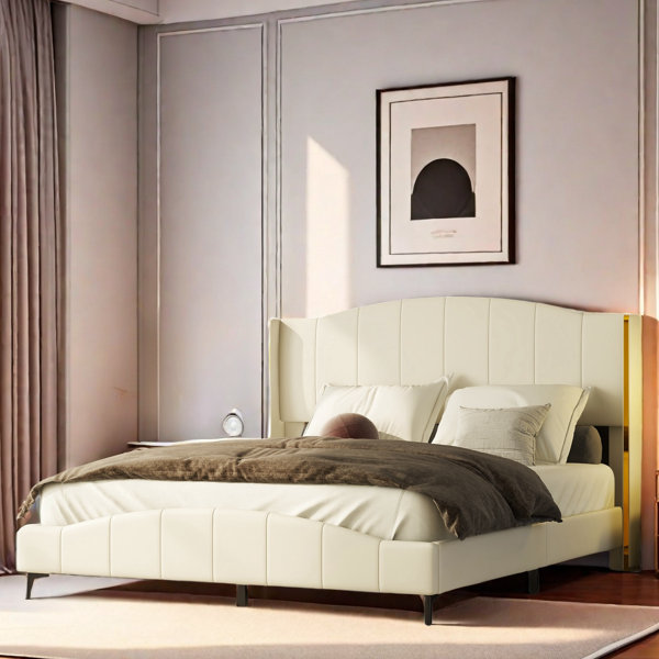 Disney Upholstered Platform Bed With Wingback Headboard And Metal Bar ...