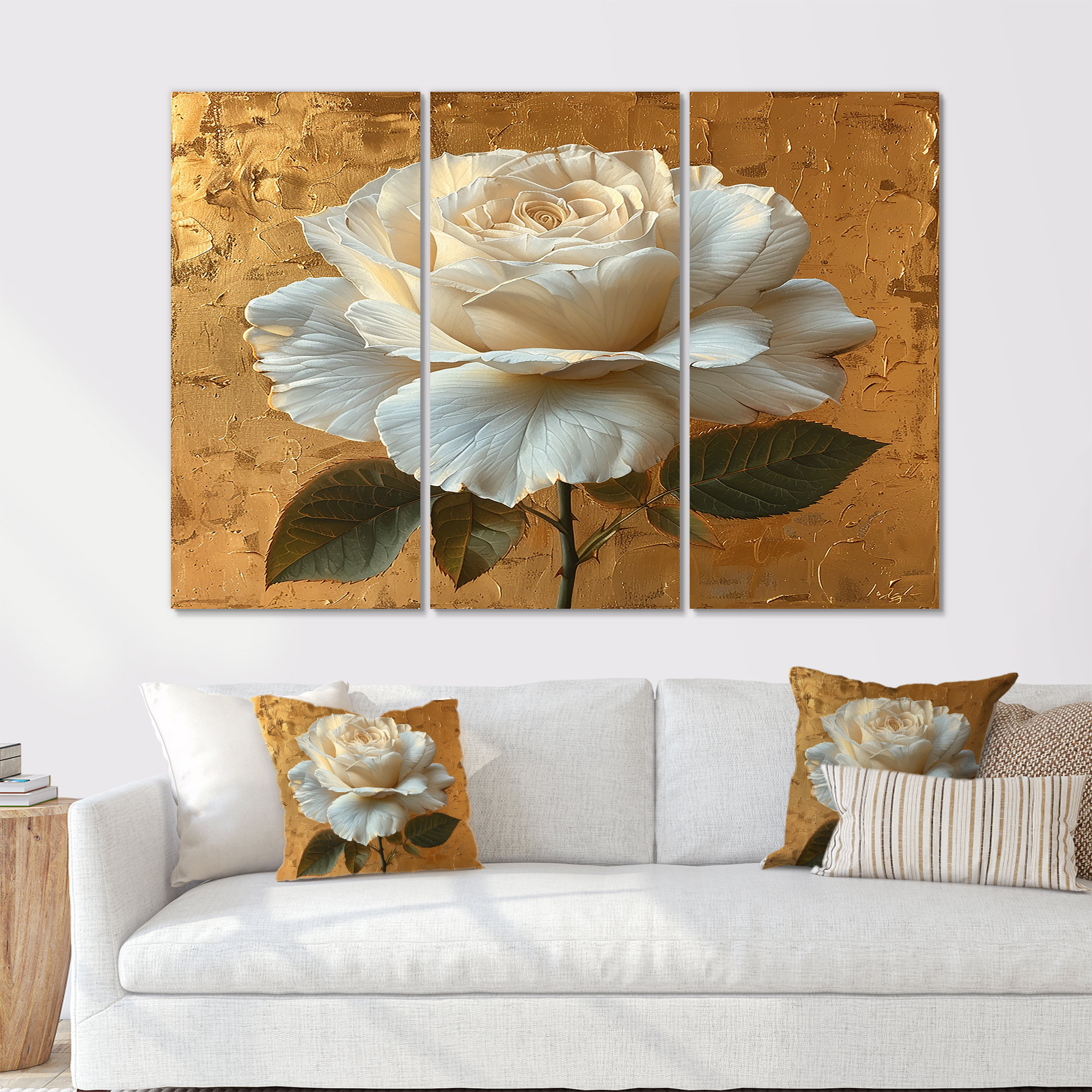 Design Art Blossoming White Rose On Vintage Gold - Rose Wall Art Print ...