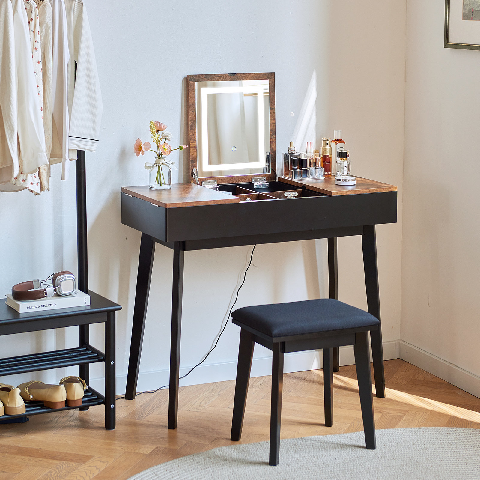 George Oliver Juanis Black and Brown Makeup Vanity Desk With Mirror and ...