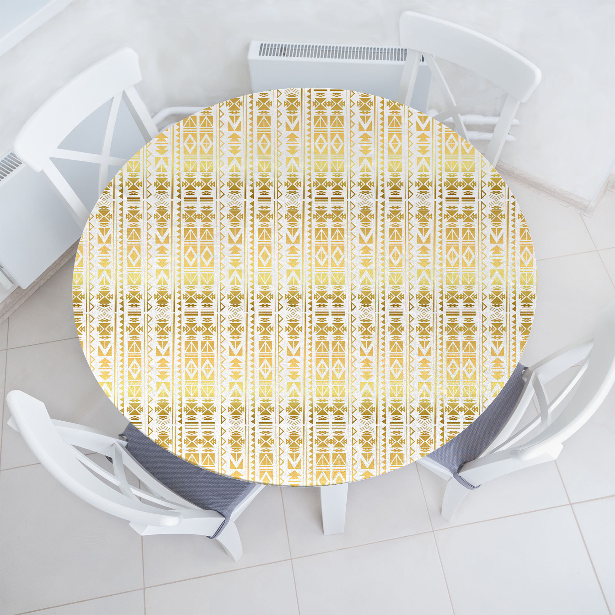 Bungalow Rose Ethnic Fitted Round Tablecloth Yellow and White | Wayfair