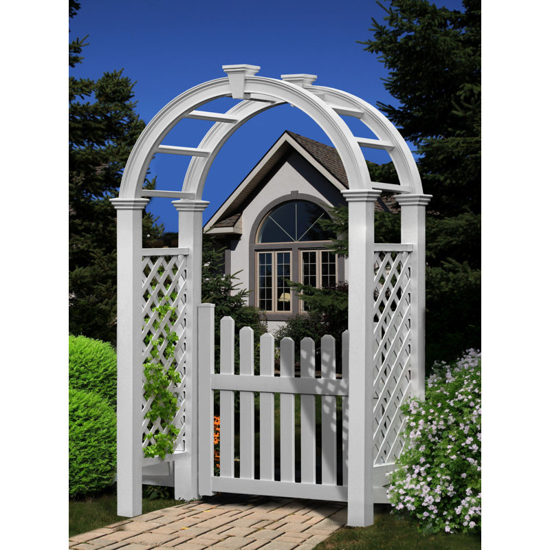 Vita 60" W x 28" D Polyvinyl Chloride (PVC) Arbor with Gate in White ...