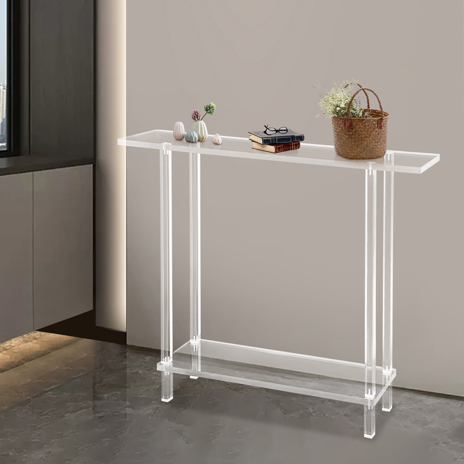 Ivy Bronx 2 Tiers Freestanding Clear Acrylic Table With Open Shelves ...