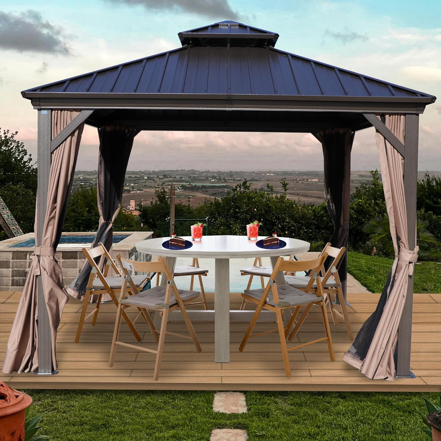 Kozyard Caesar Brown Double Roof Hardtop Gazebo with Curtain and ...