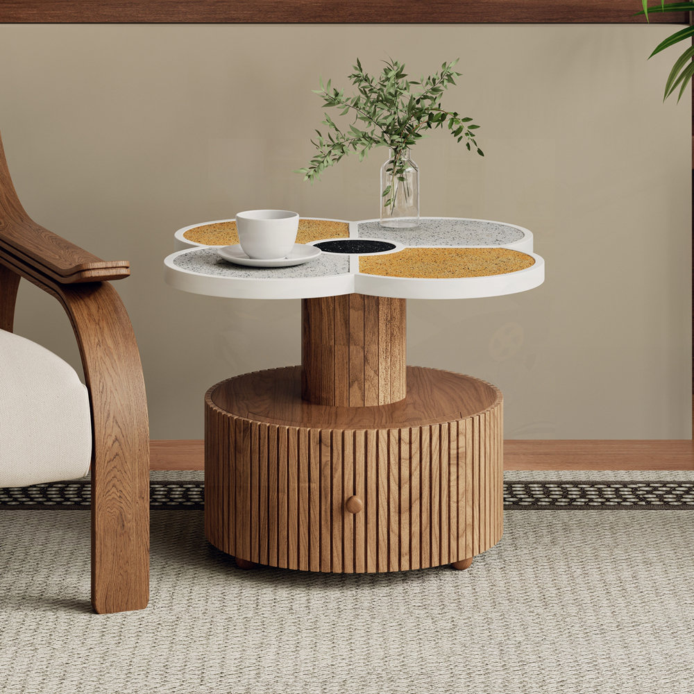 George Oliver Unique Four-Leaf Clover Side Table With Wood-Grain Base ...