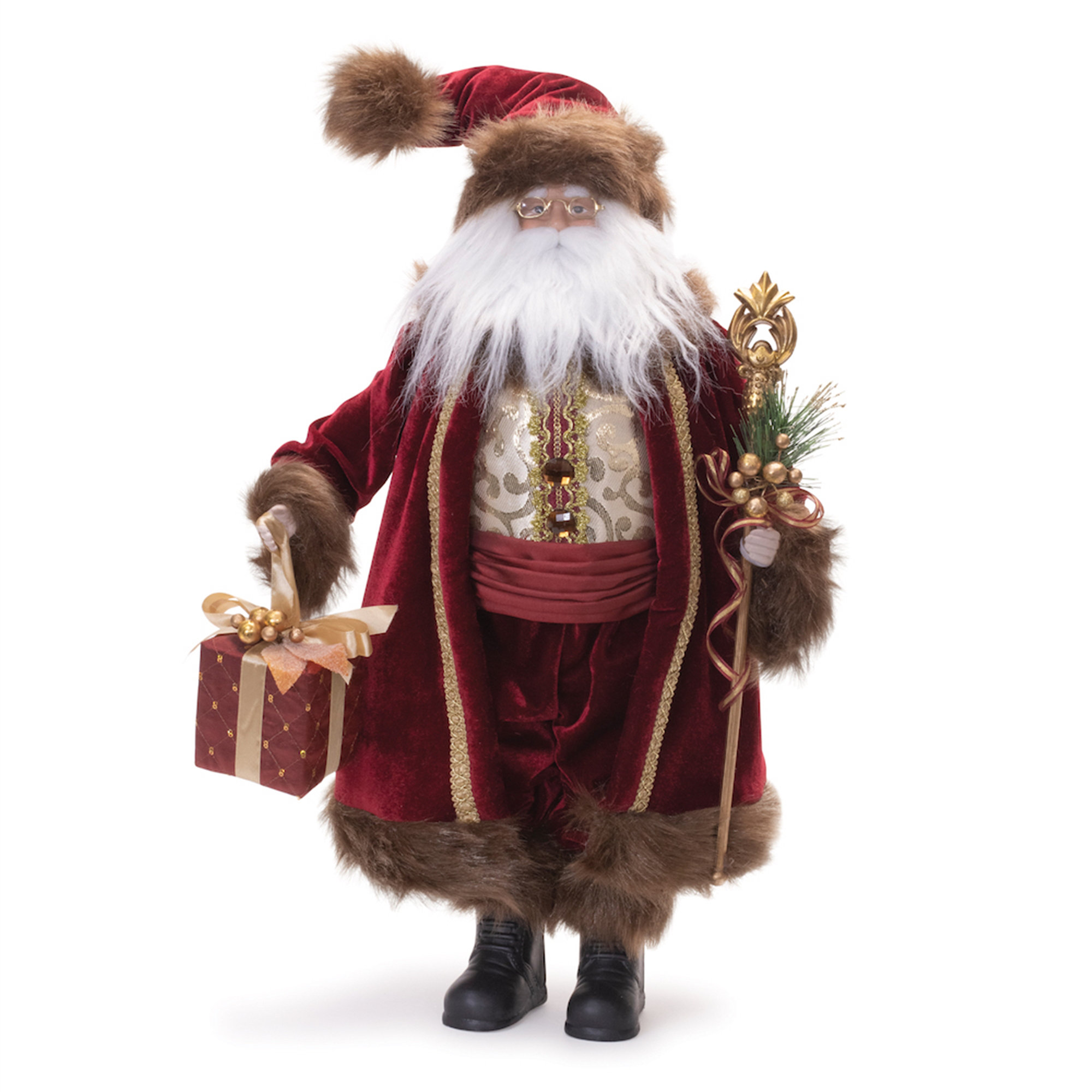 The Holiday Aisle® Furry Hooded Santa with Staff and Packages 22"H ...