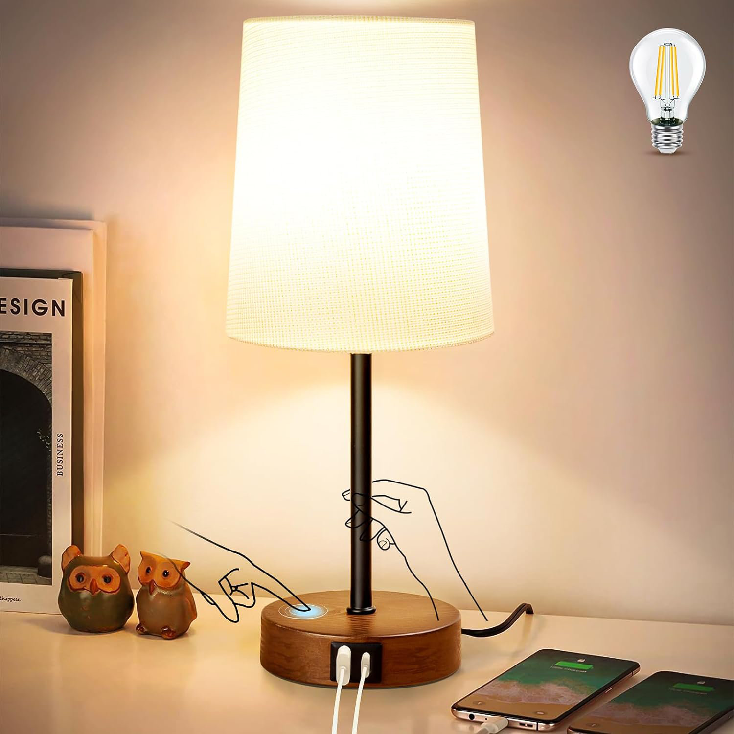 Ebern Designs Dimmable Table Lamp With White Fabric Shade Enhanced With ...