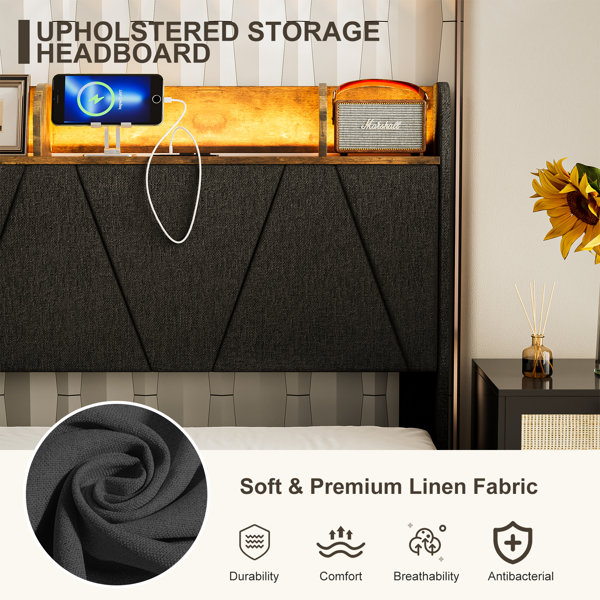 Ivy Bronx Gearl Upholstered Bed With Storage Shelf Headboard & Charging ...