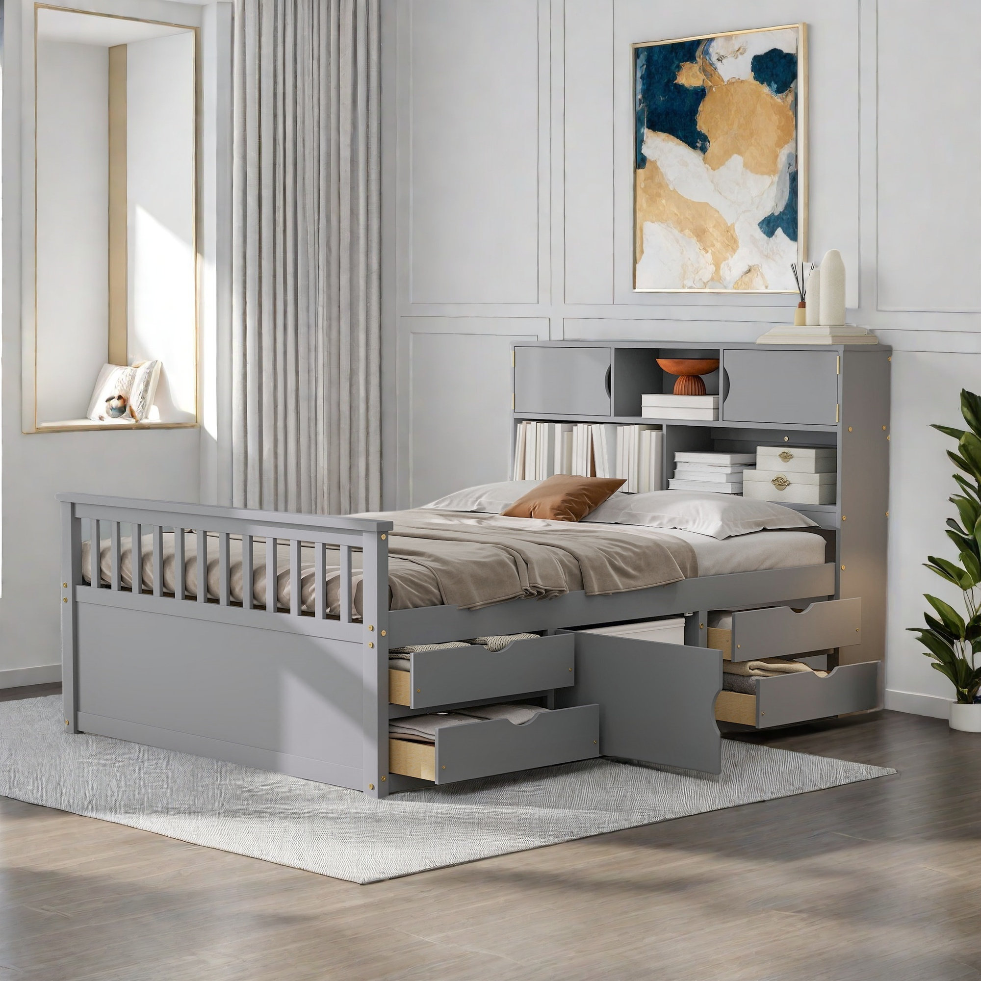 Winston Porter Full Size Captain Platform Bed With Storage Bookcases ...