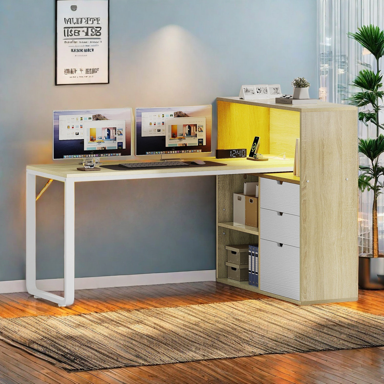 Wade Logan Broly 55.1'' L-Shape Computer Desk with Colorful LED Light ...