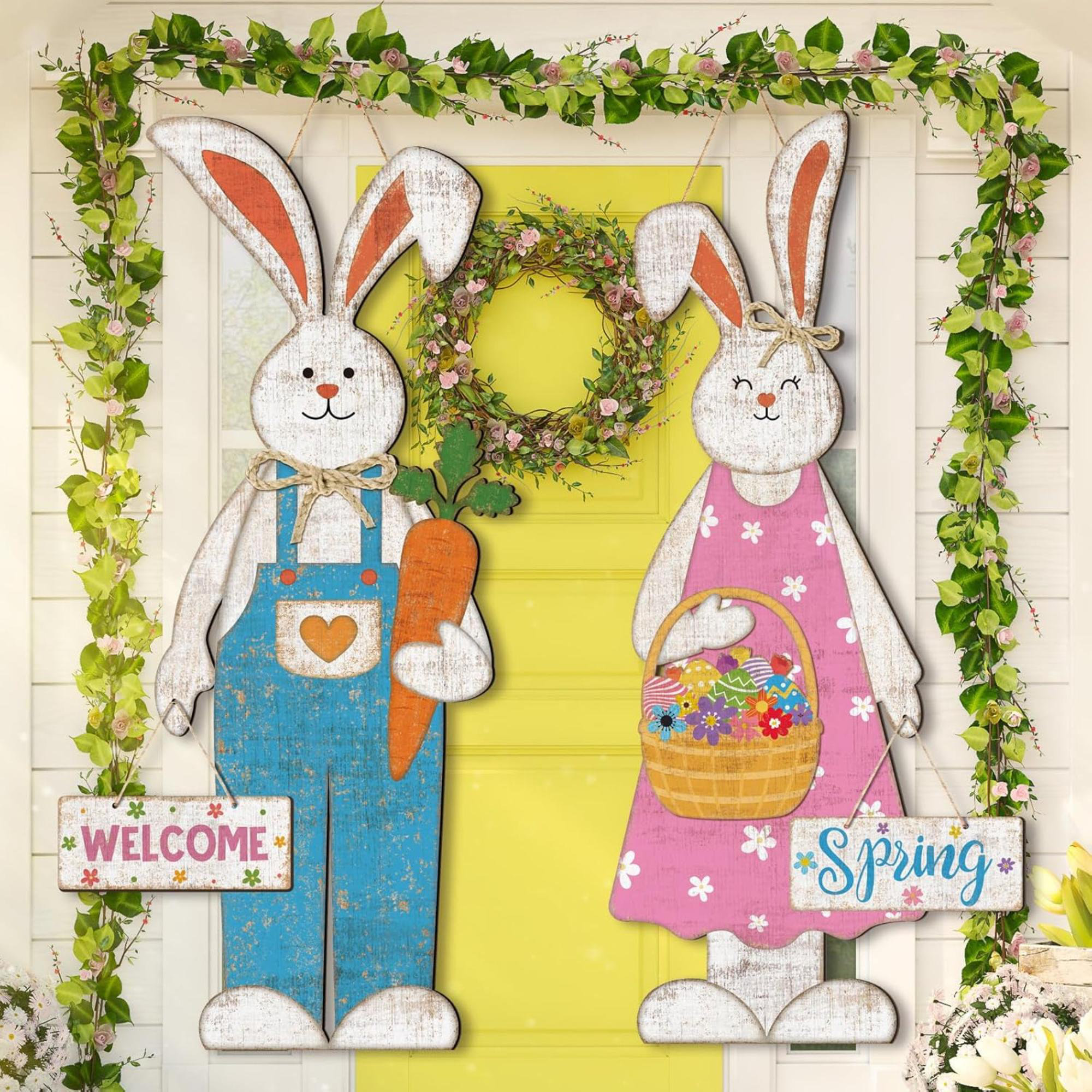 The Holiday Aisle® 2 Pcs Easter Bunny Hanging Sign Easter Wooden Front ...