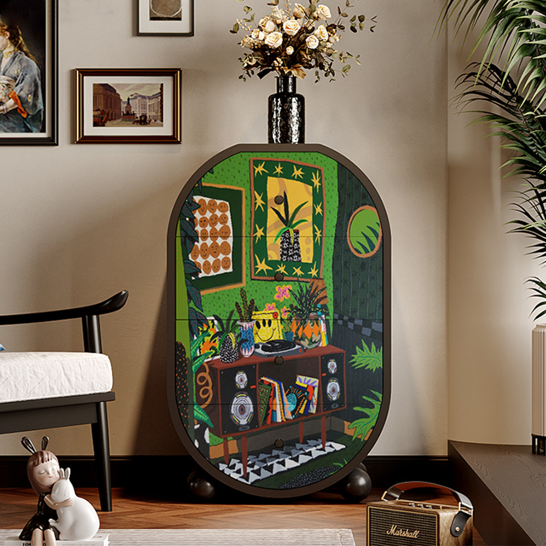 Liu's ink furniture Modern abstract art oval four-drawer accent chest ...