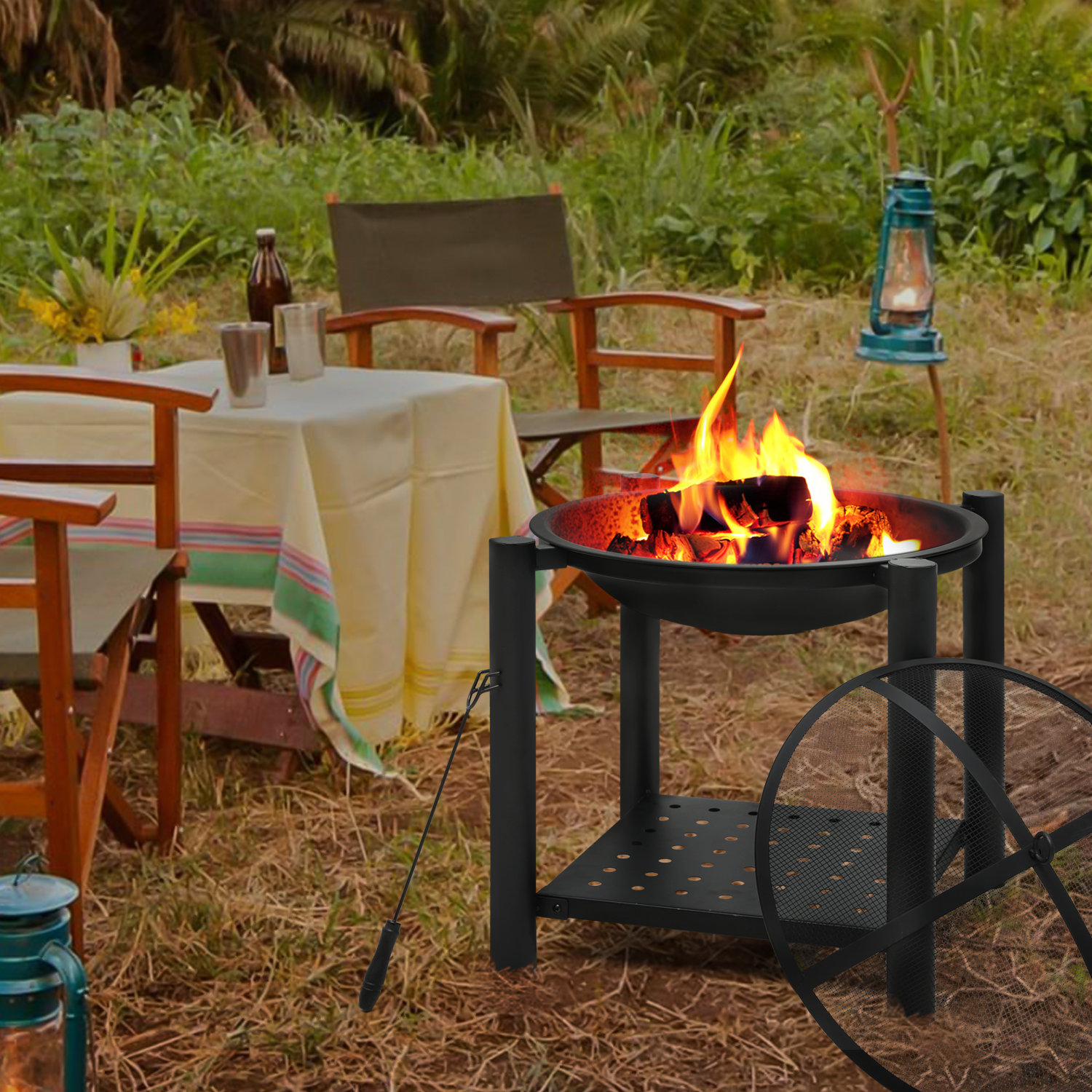 Winston Porter 20.5" Outdoor Fire Pit with Shelf, Wood Burning Firepit ...