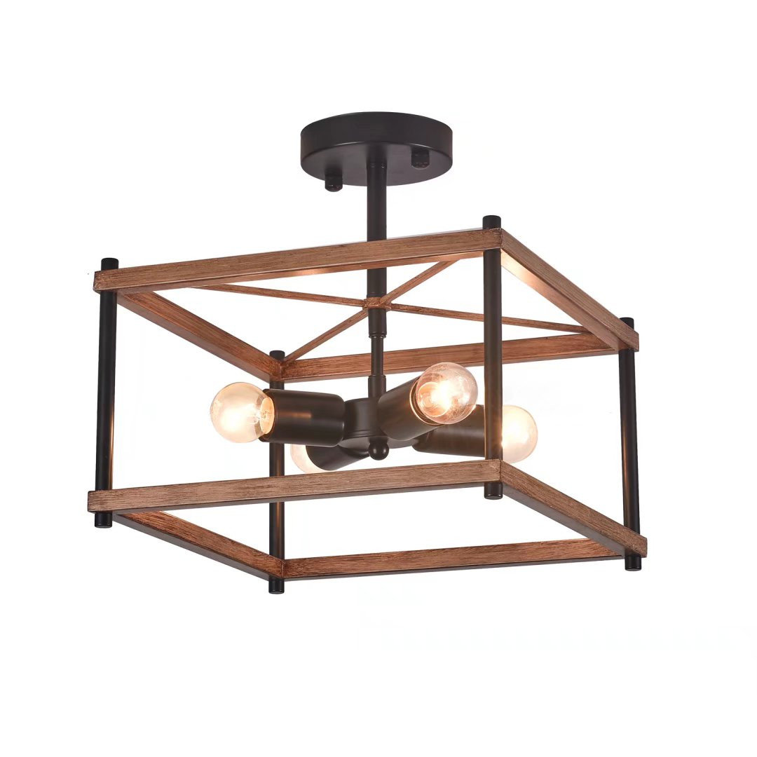 17 Stories Industrial Wood Square Four Light Ceiling Fixture | Wayfair