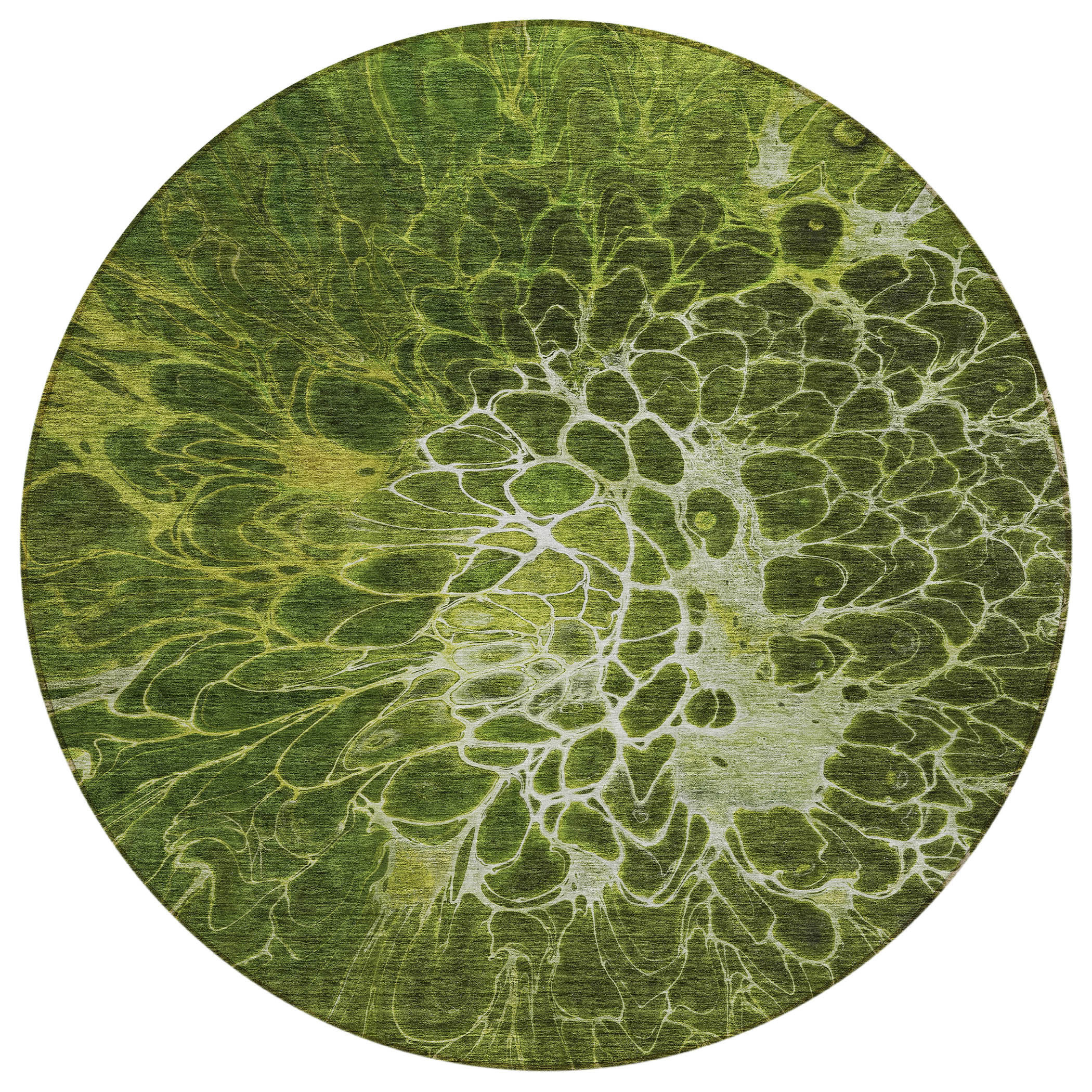 HomeRoots 8' Olive Green Round Abstract Washable Indoor Outdoor Area ...