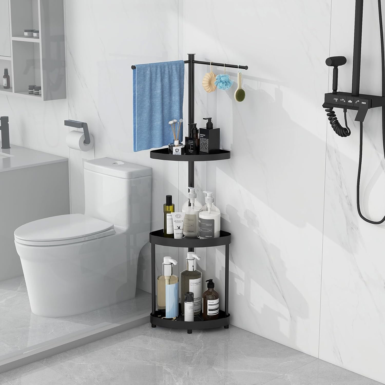 Rebrilliant 3 Tier Corner Shower Caddy Floor With Towel Bar, Bathroom ...