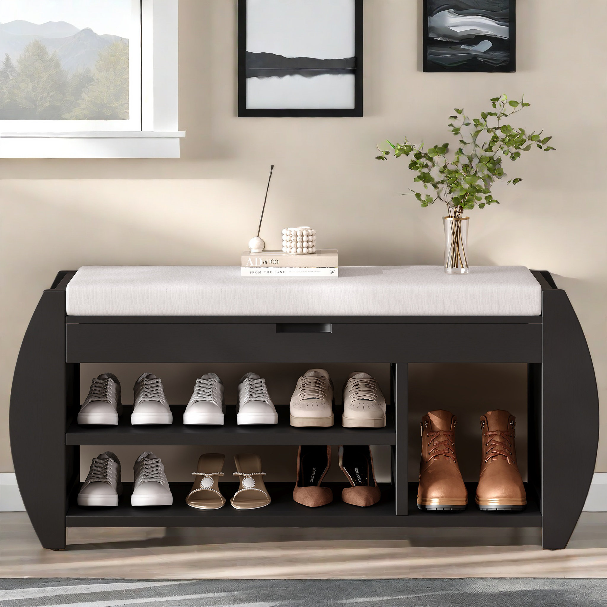 Red Barrel Studio® 3-In-1 Shoe Storage Bench, Mid-Century Upholstered ...