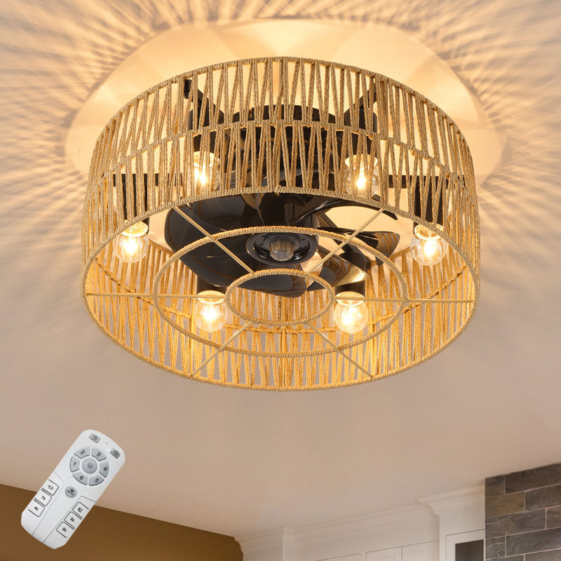 Mercer41 Socher 19'' Boho Rattan Caged Ceiling Fan with Light Kit and ...