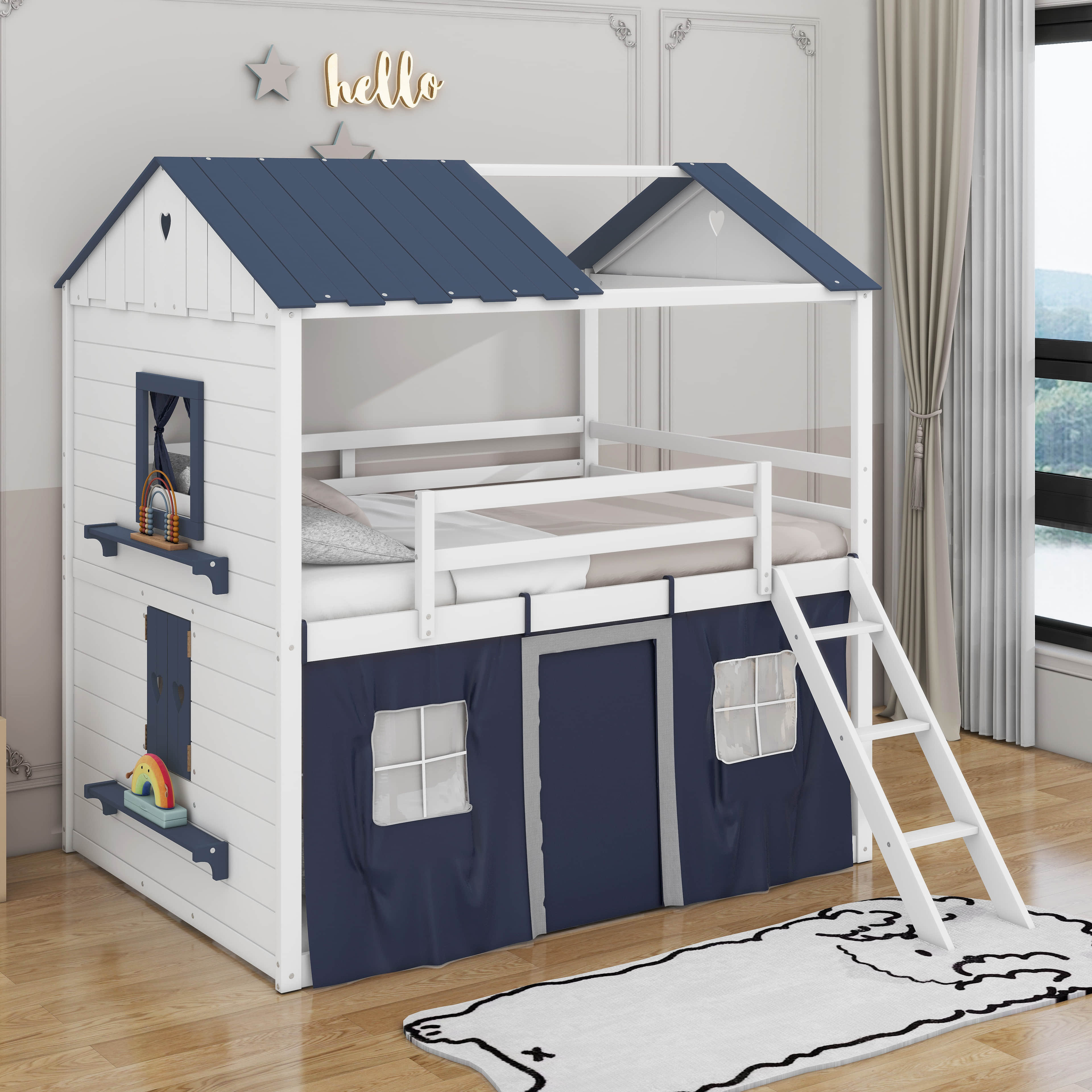 Harper Orchard Bunk Wood House Bed With Elegant Windows, Sills And Tent ...