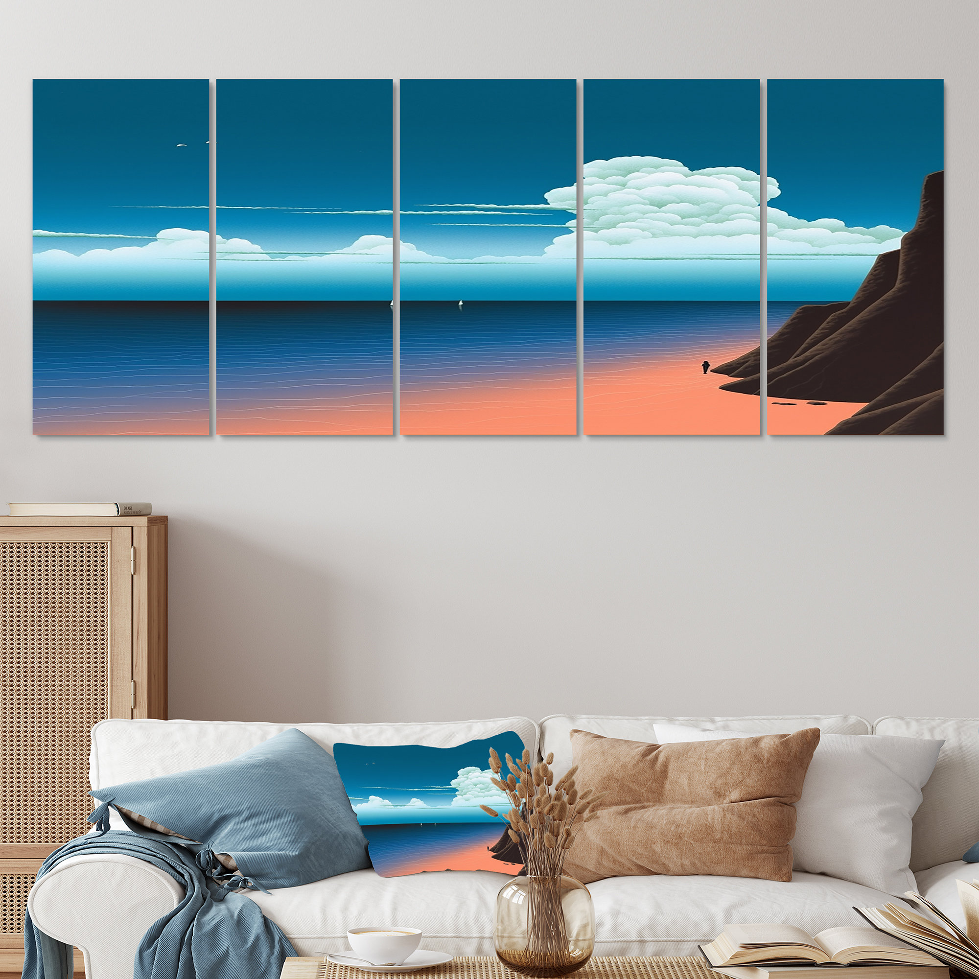 Beachcrest Home Deep Blue Ocean Horizon Mountain Clouds - Ocean Wall Art Decor Set 5 Piece | Wayfair