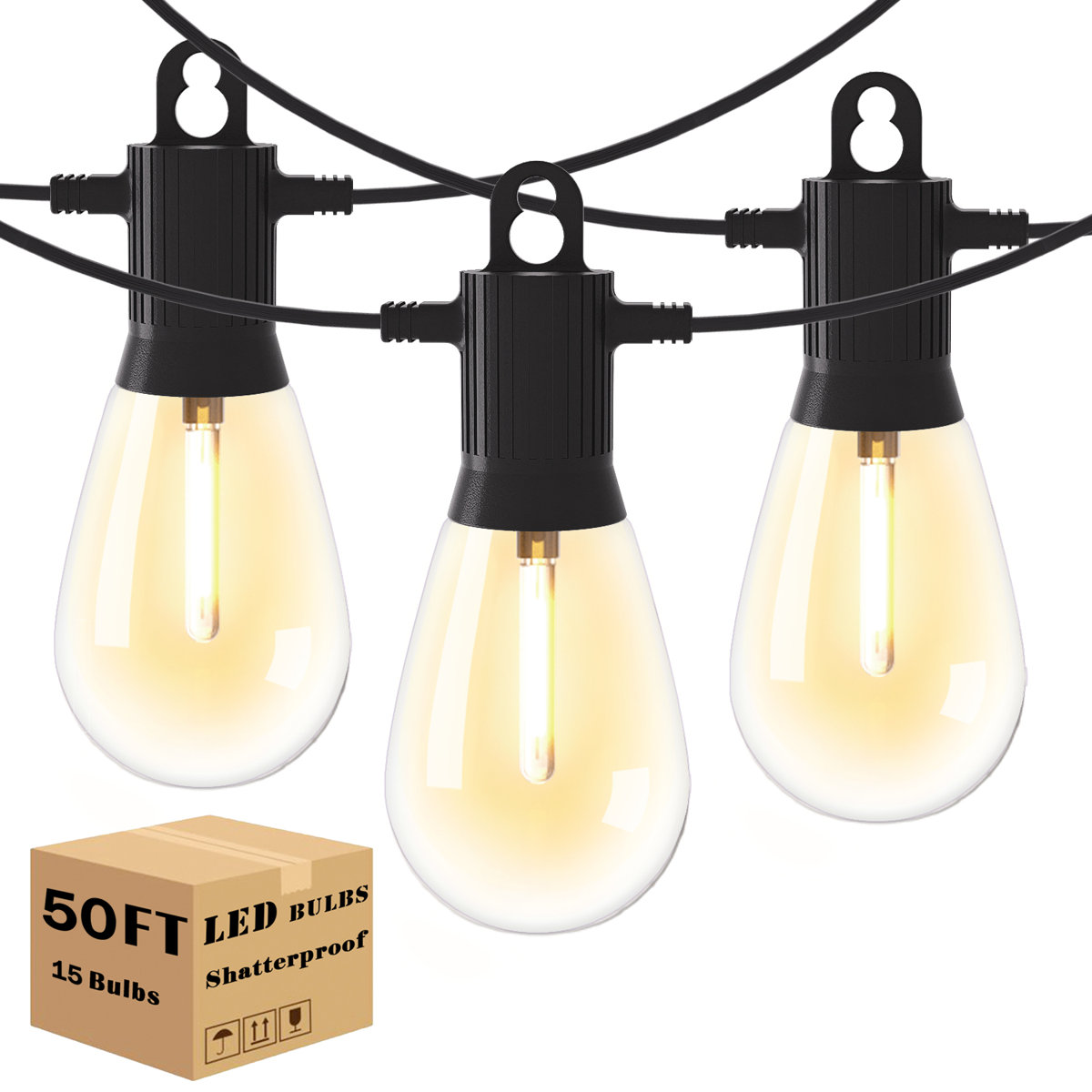 Arlmont & Co. 50FT LED Outdoor String Lights Patio Lights with 15 ...