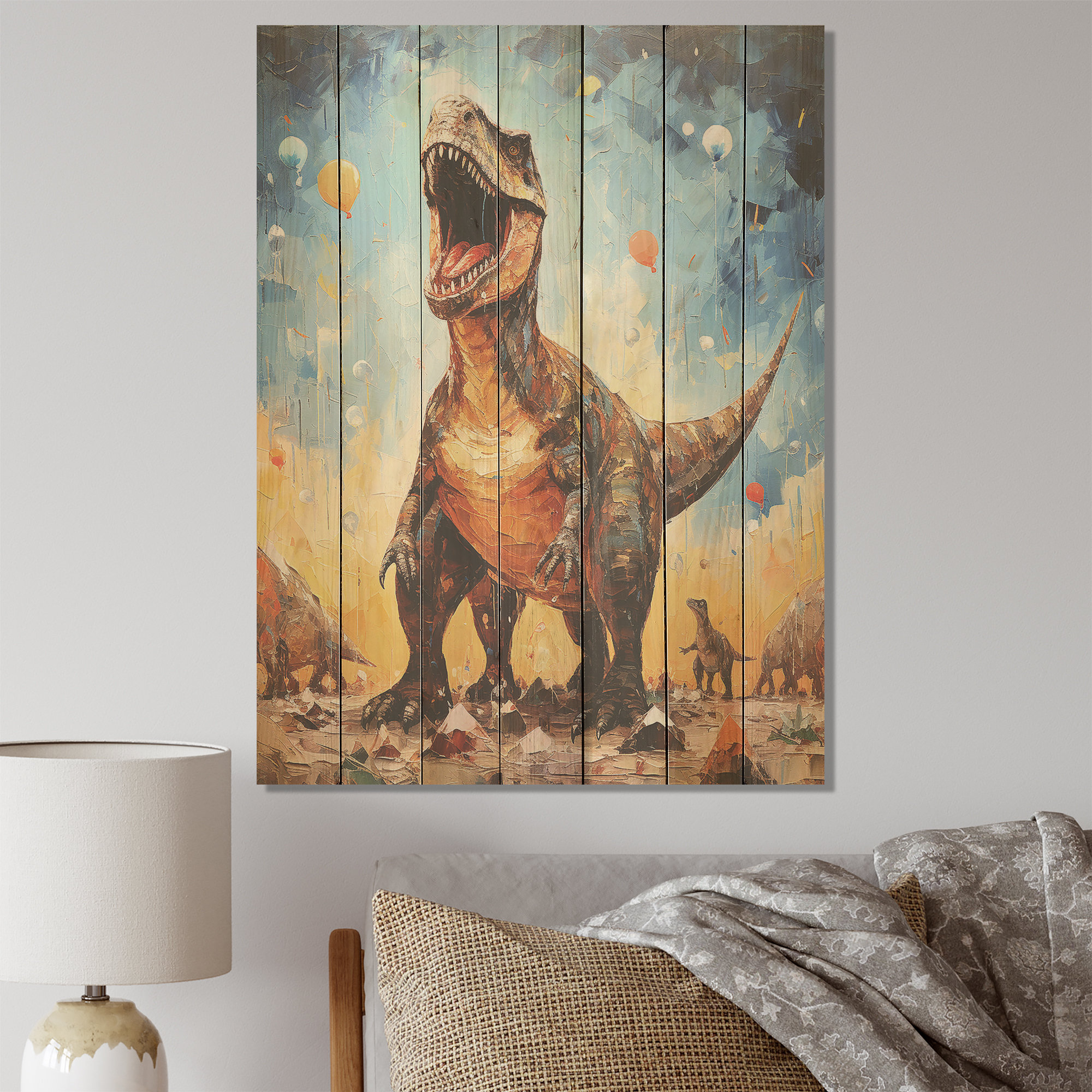 Trinx Pop Art Dino Explosion - Dinosaur On Wood Print - Wayfair Canada