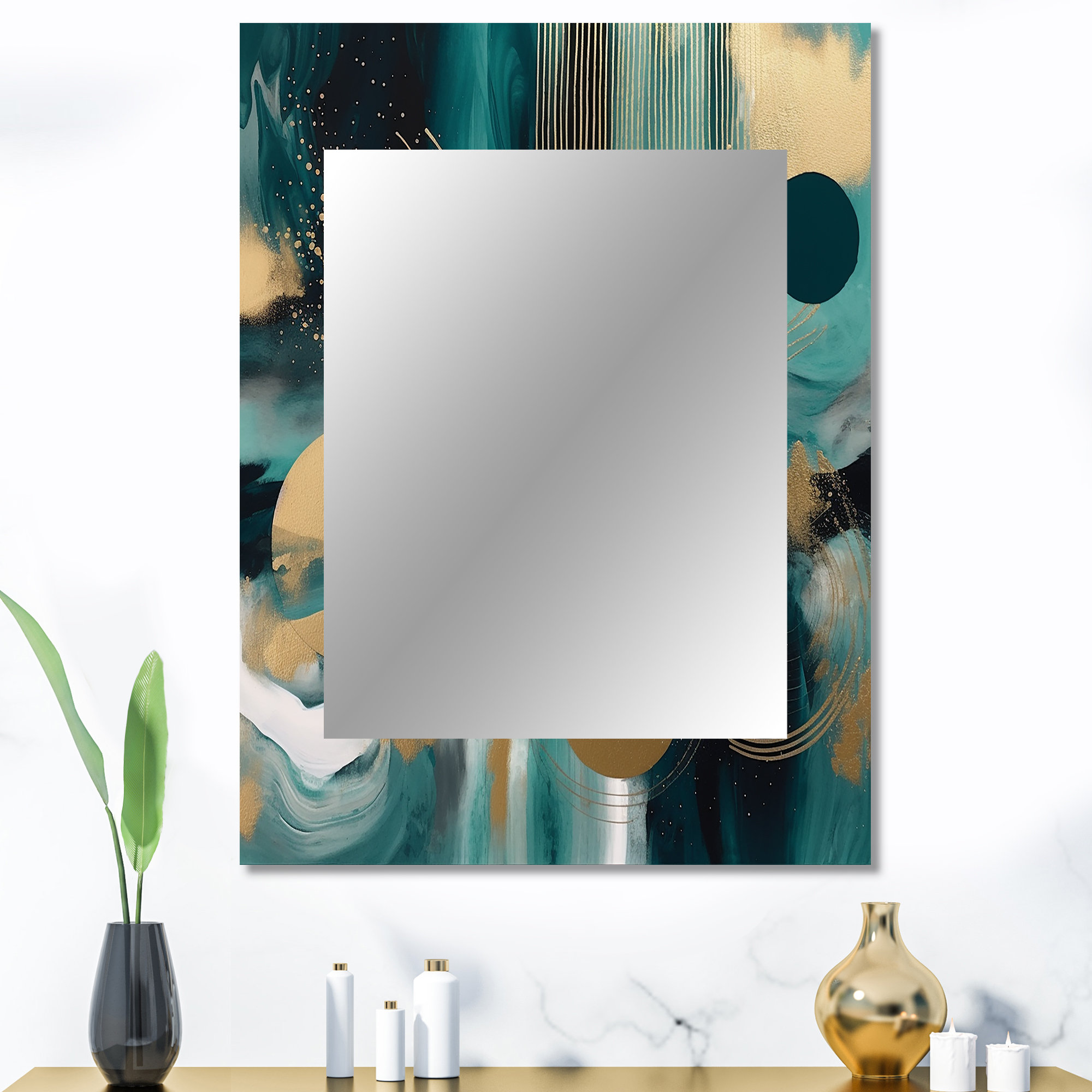 Mercer41 Vivid Emeral And Gold Contours Circles IV - Modern Rectangular ...