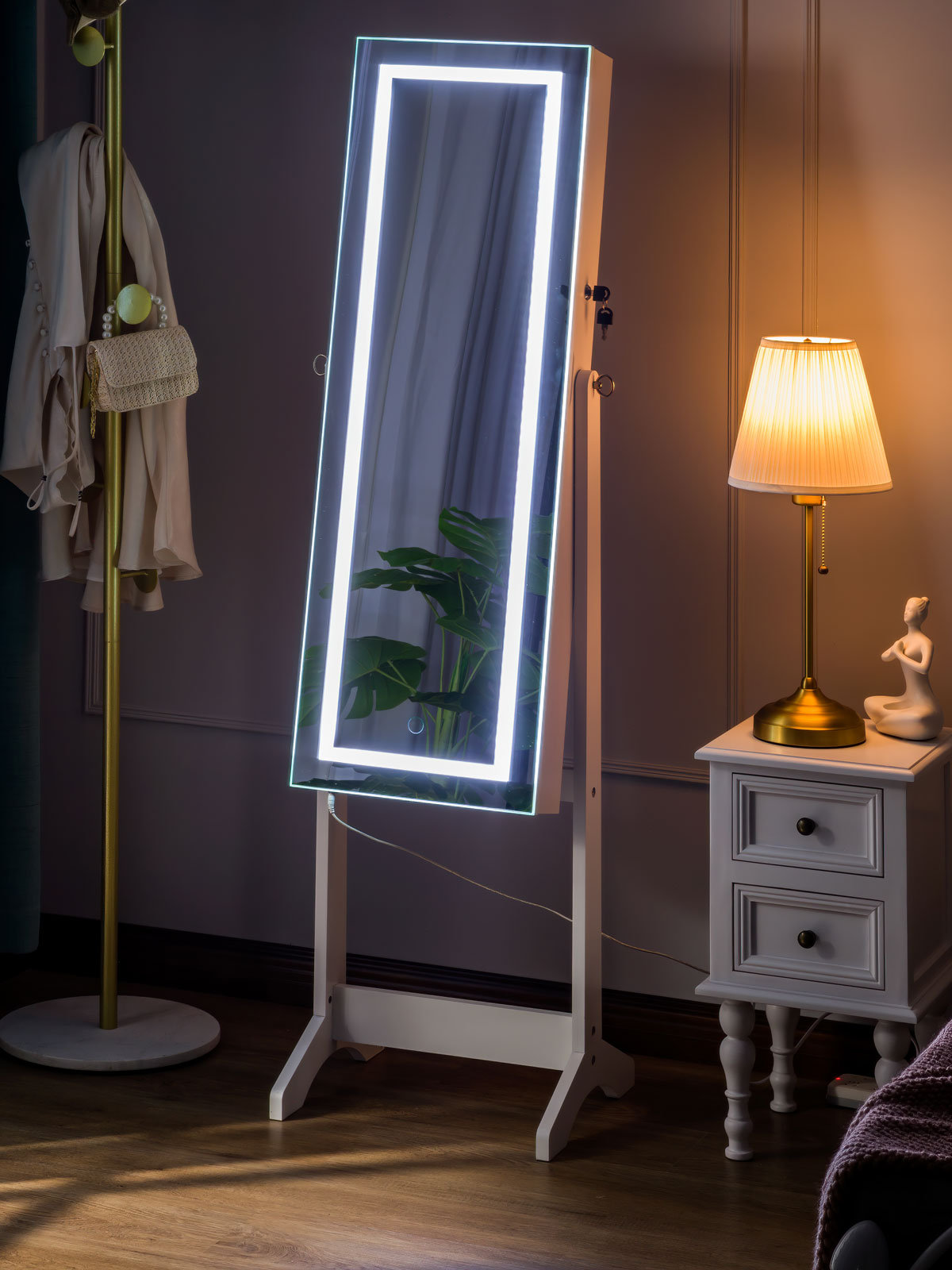 LUXFURNI LED Light Jewelry Cabinet Standing Full Screen Mirror Makeup ...