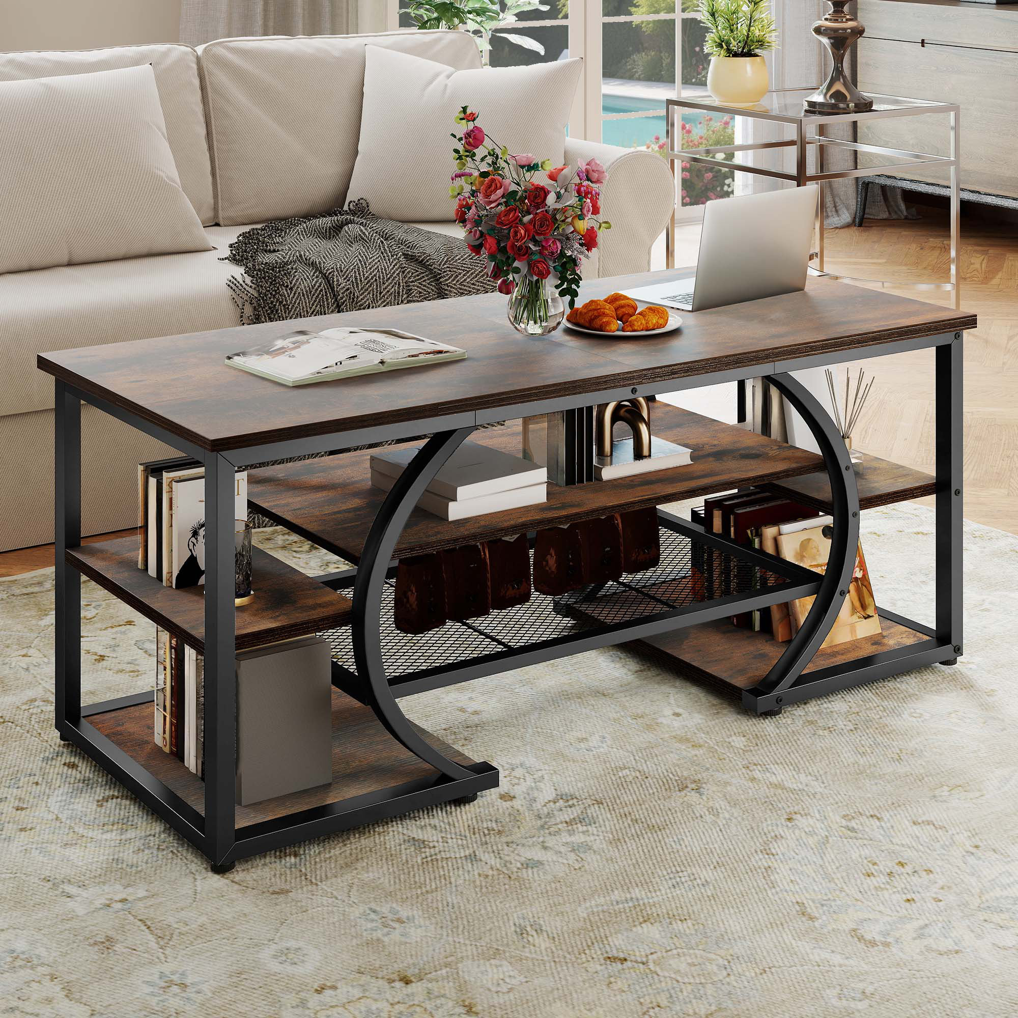 Gracie Oaks 47.2"W Rectangle Farmhouse Coffee Table with Circled Metal ...