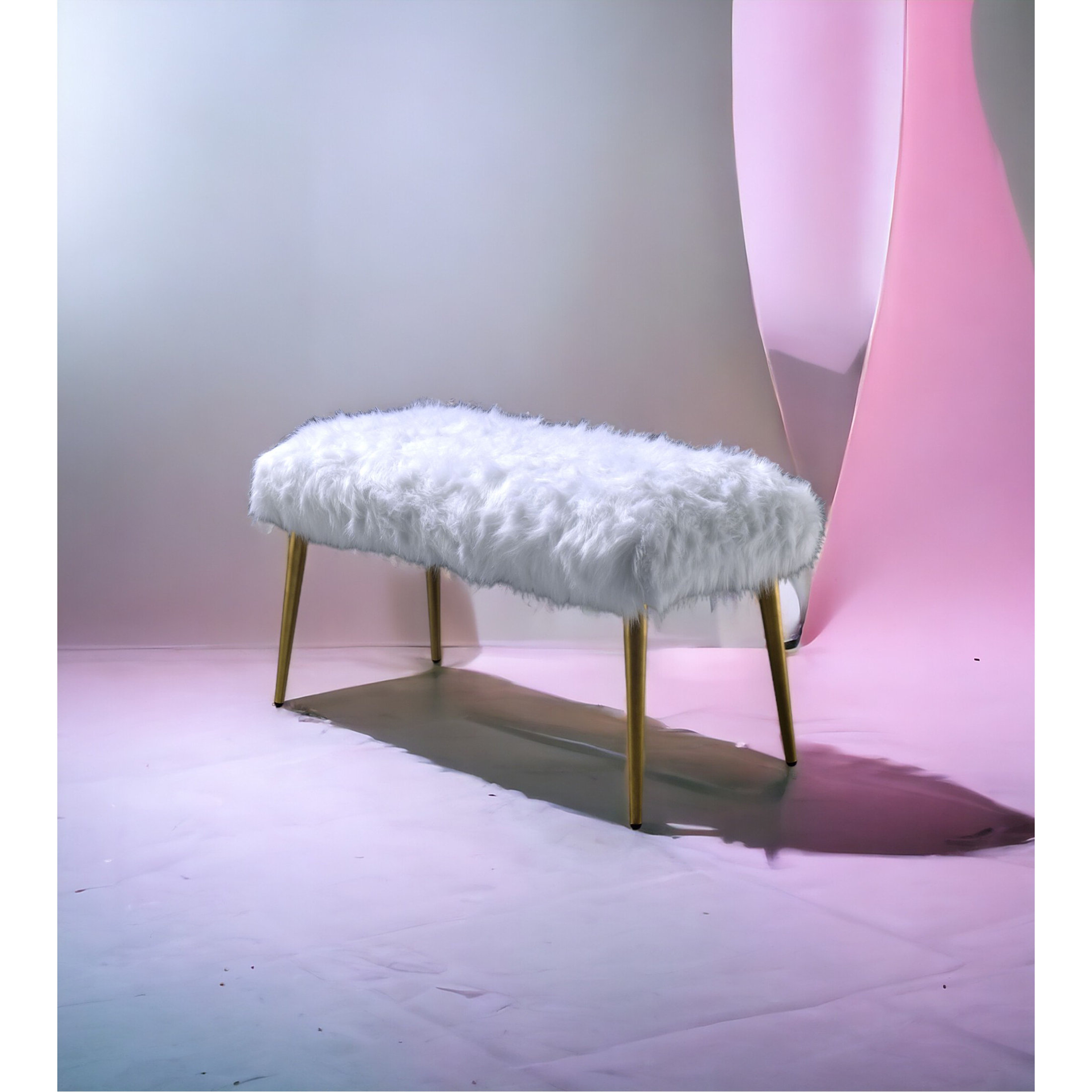 Everly Quinn Bagley II White Faux Fur & Gold-Finished Bench (Duplicate ...