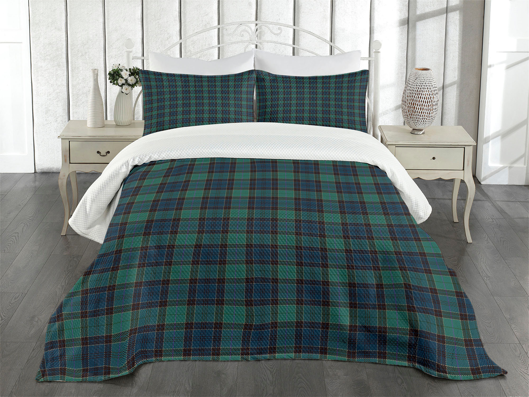 Ambesonne Tartan Bedspread Set Scottish Folklore Pattern Dark Green ...