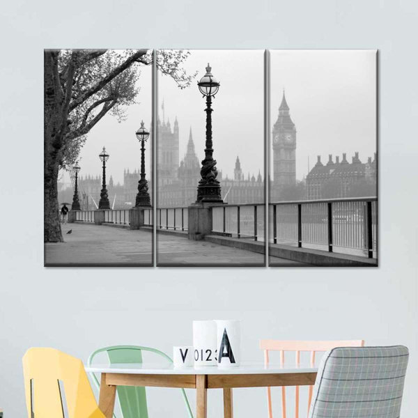 Ebern Designs London Black And White On Canvas 3 Pieces Set | Wayfair