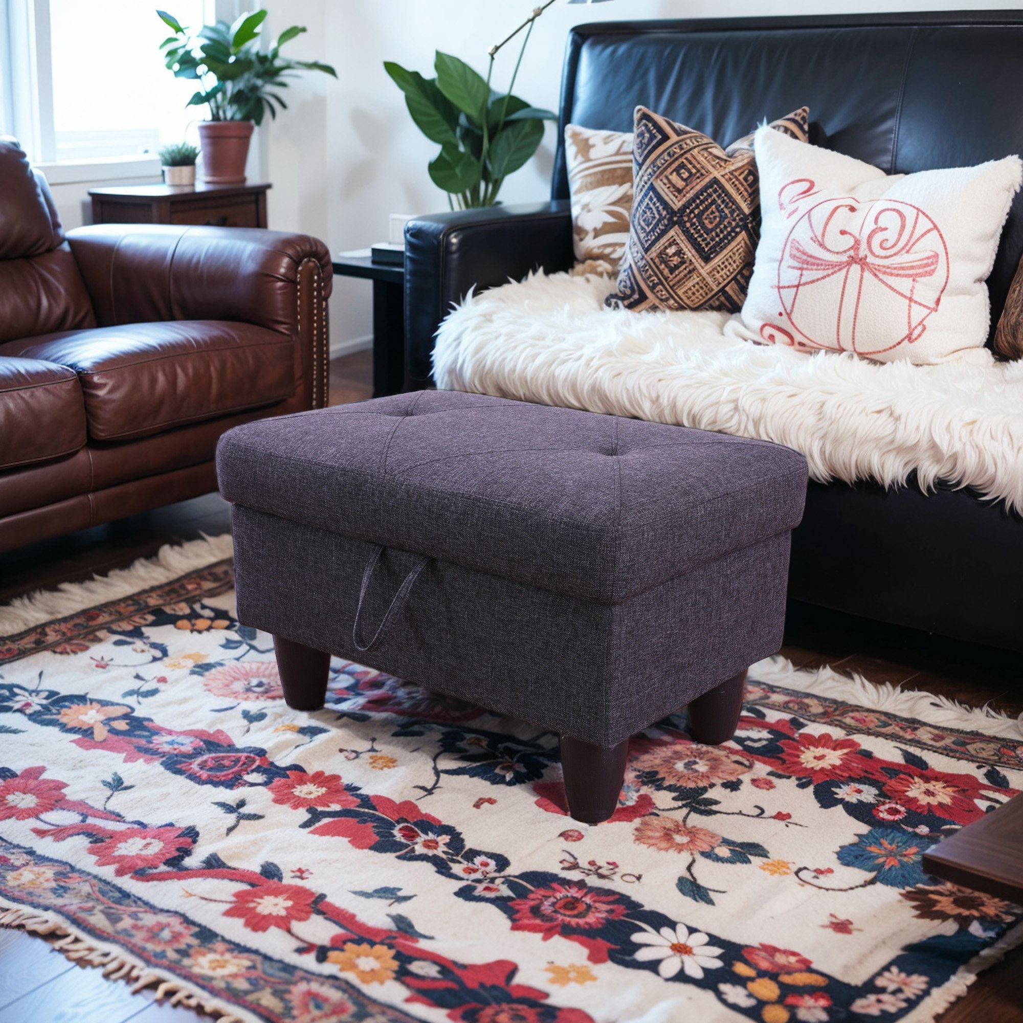 Ebern Designs Flannel Fabric Ottoman - Tufted Design, Spacious Storage ...