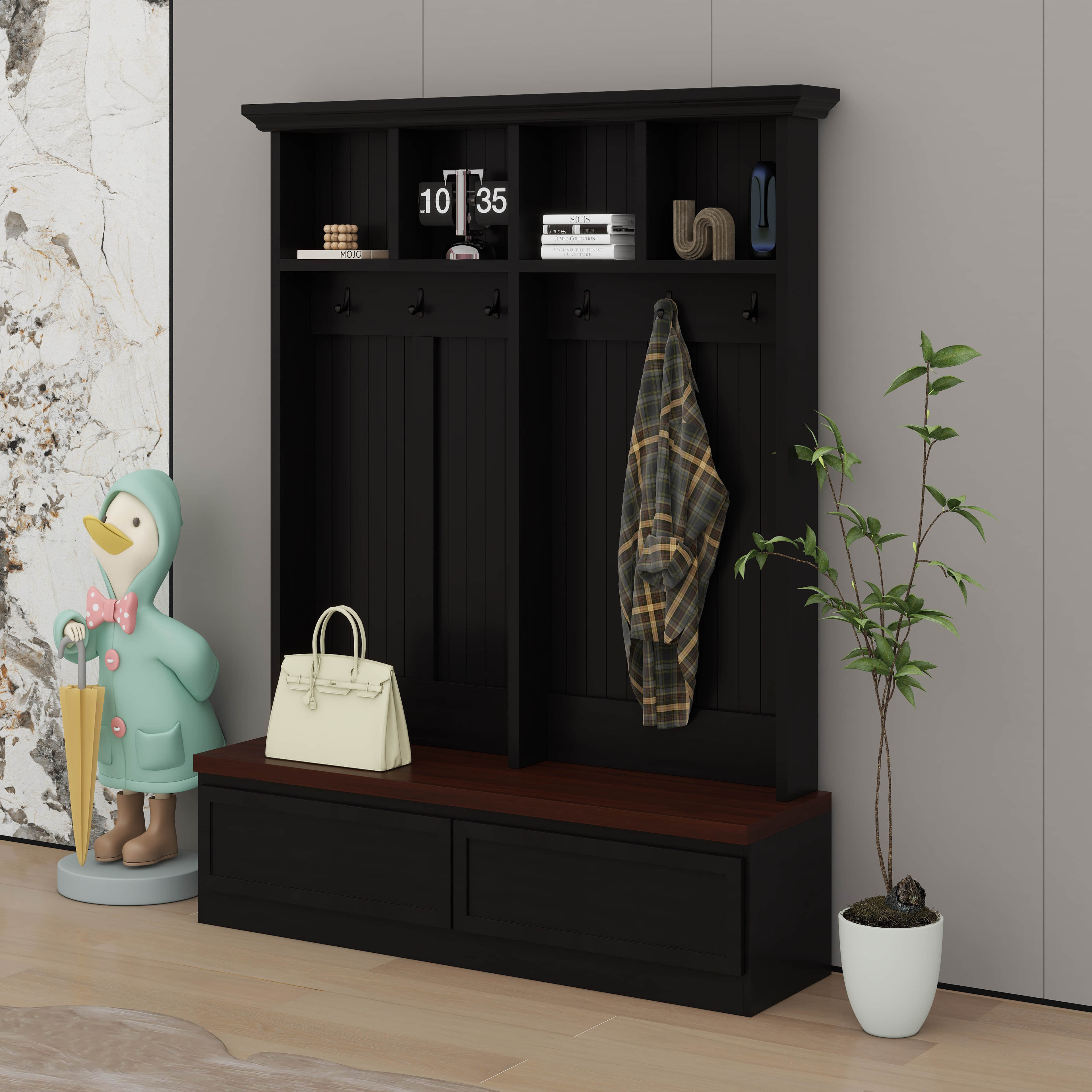 One Allium Way® Farmhouse Wood Hall Tree With Bench And Storage Drawers ...