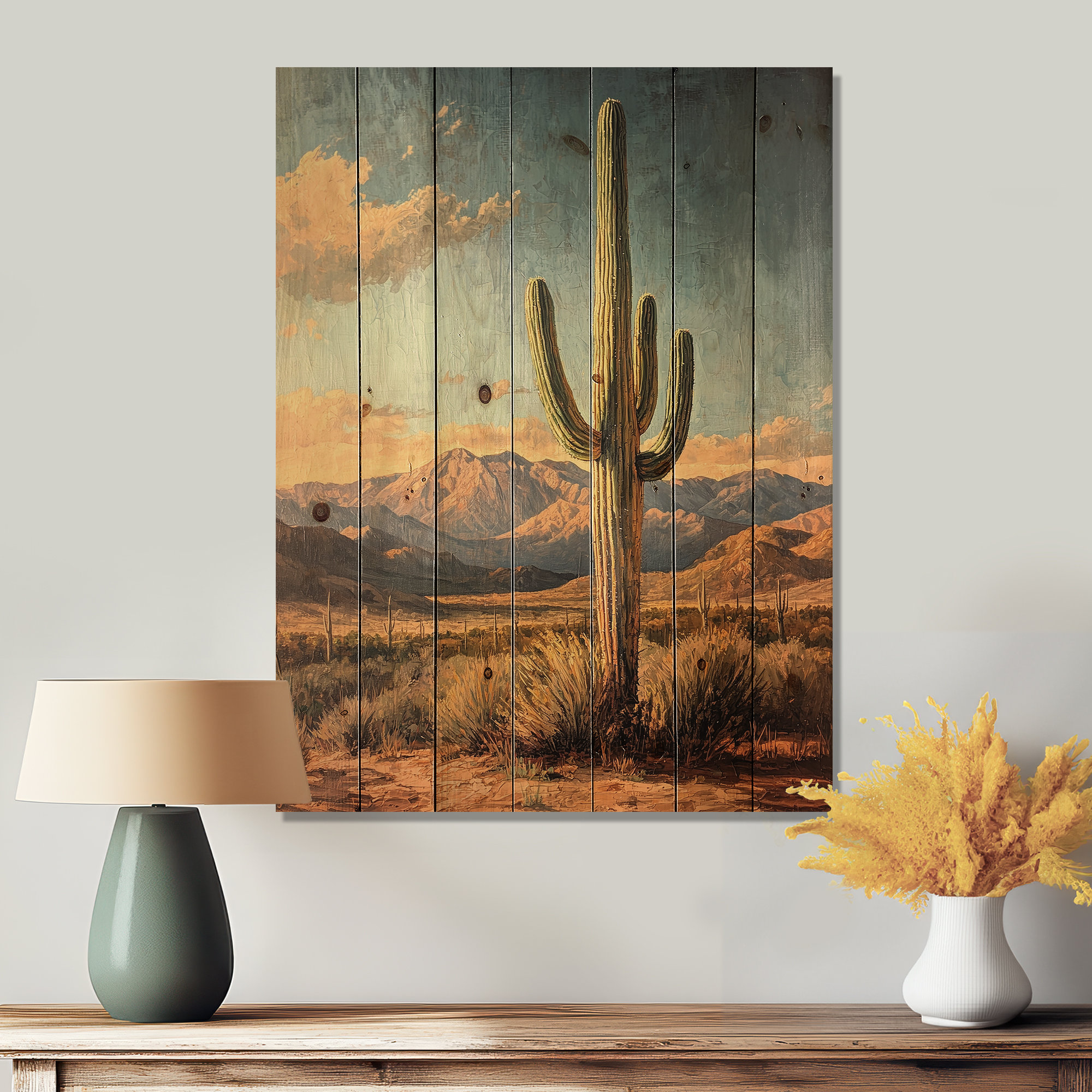 Ophelia & Co. Cactus And The Desert Hills I - Floral Cactus Wood Wall ...