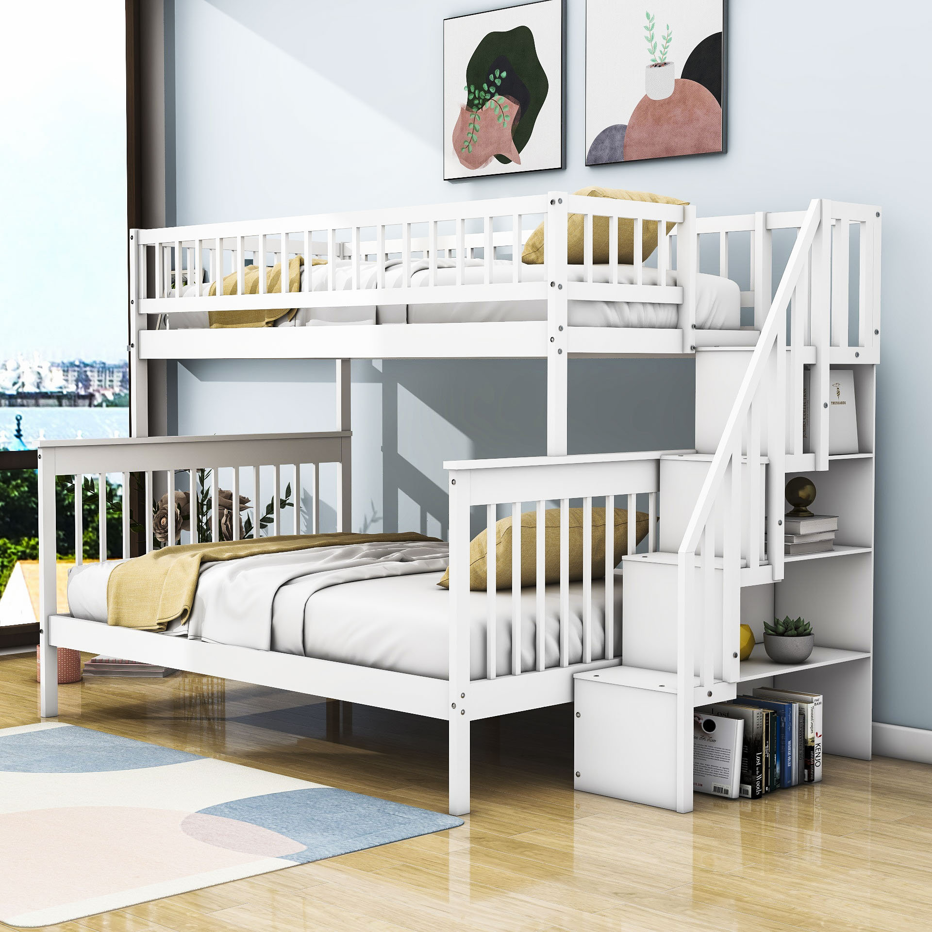 Harriet Bee Doniqua Twin Over Full Wooden Bunk Bed with Storage Shelves ...