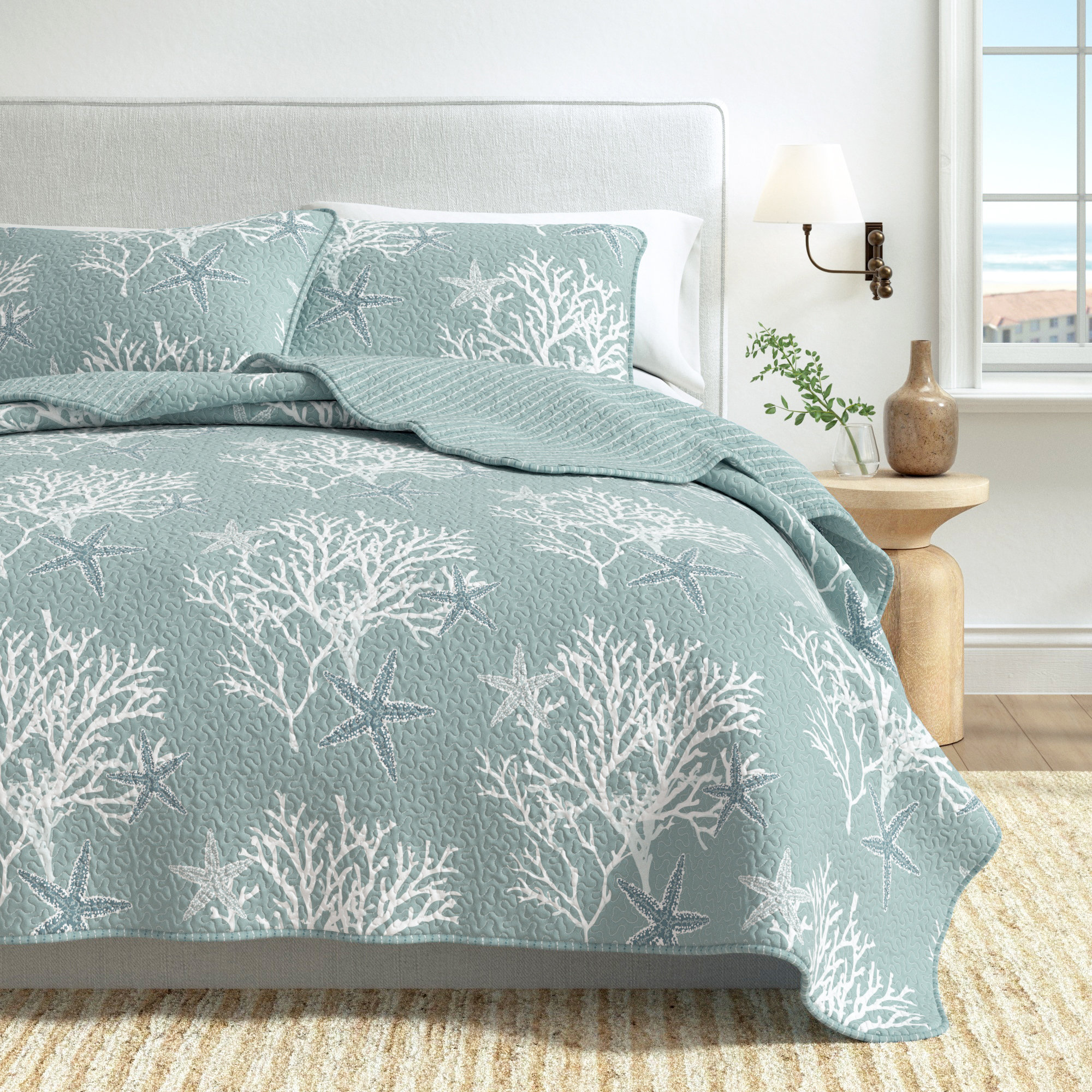 FreshFolds Coral / Starfish Reversible Coastal Quilt Set with Shams ...