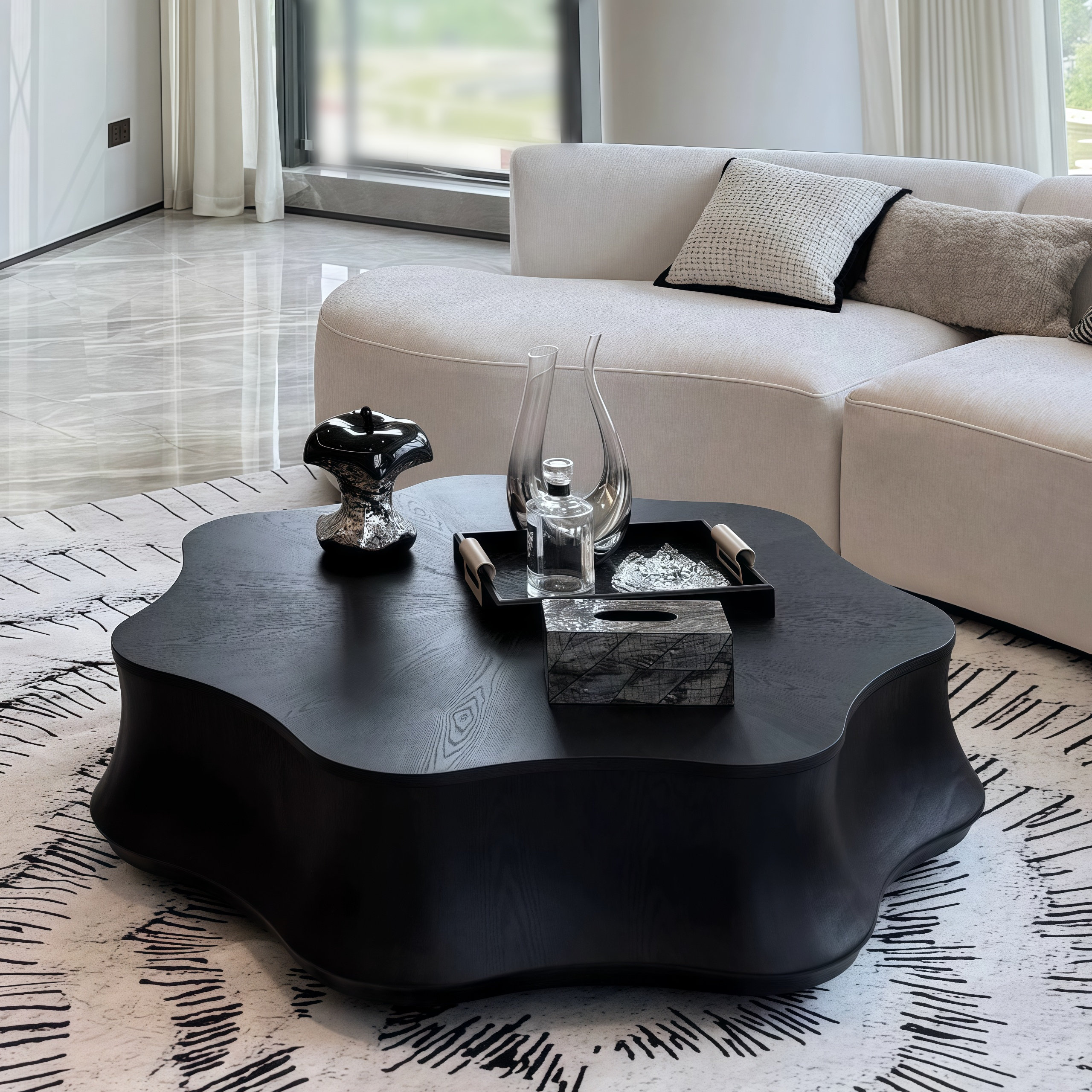 Orren Ellis Flower Shape Coffee Table Abstract Coffee Table Black Solid ...