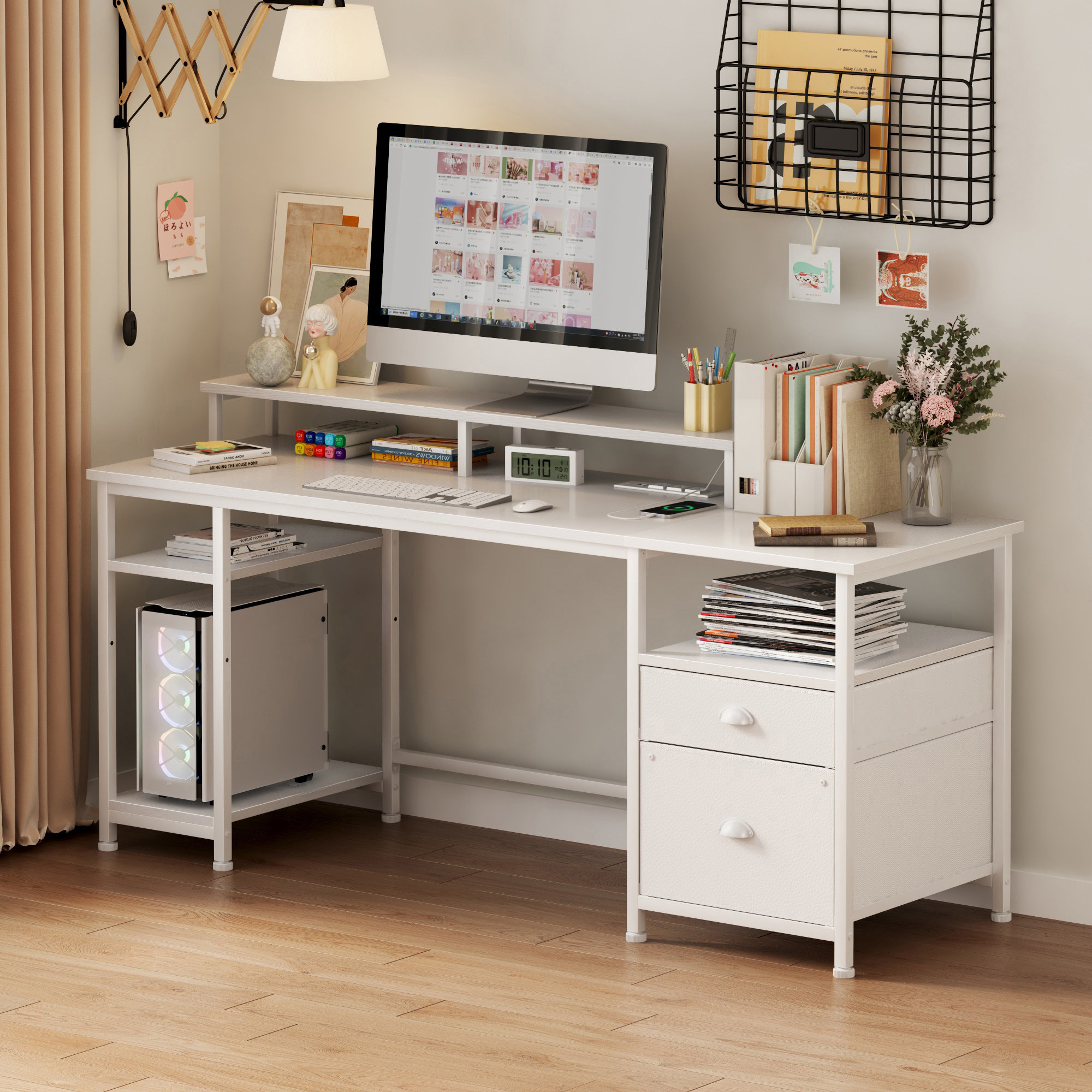 Furco 61'' Computer Desk with 2 Monitor Stands, Study Computer Table ...