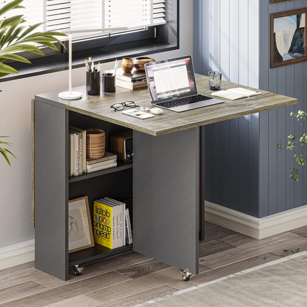 Ebern Designs Folding Dining Table with 2 Storage Racks, Drop Leaf ...