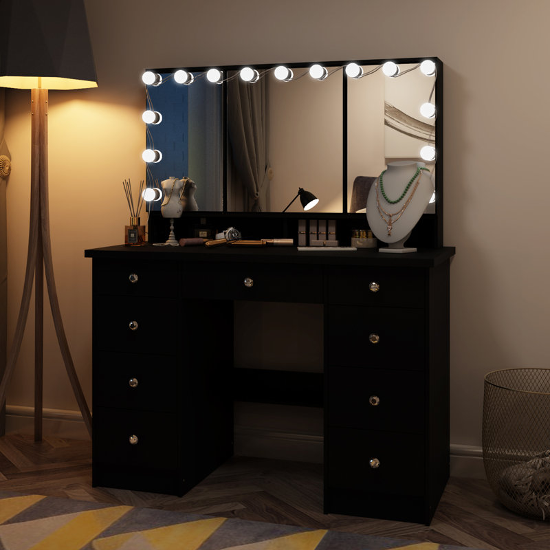 Lark Manor™ Light Bulb Tri-Fold Mirror Vanity With 9 Drawers | Wayfair