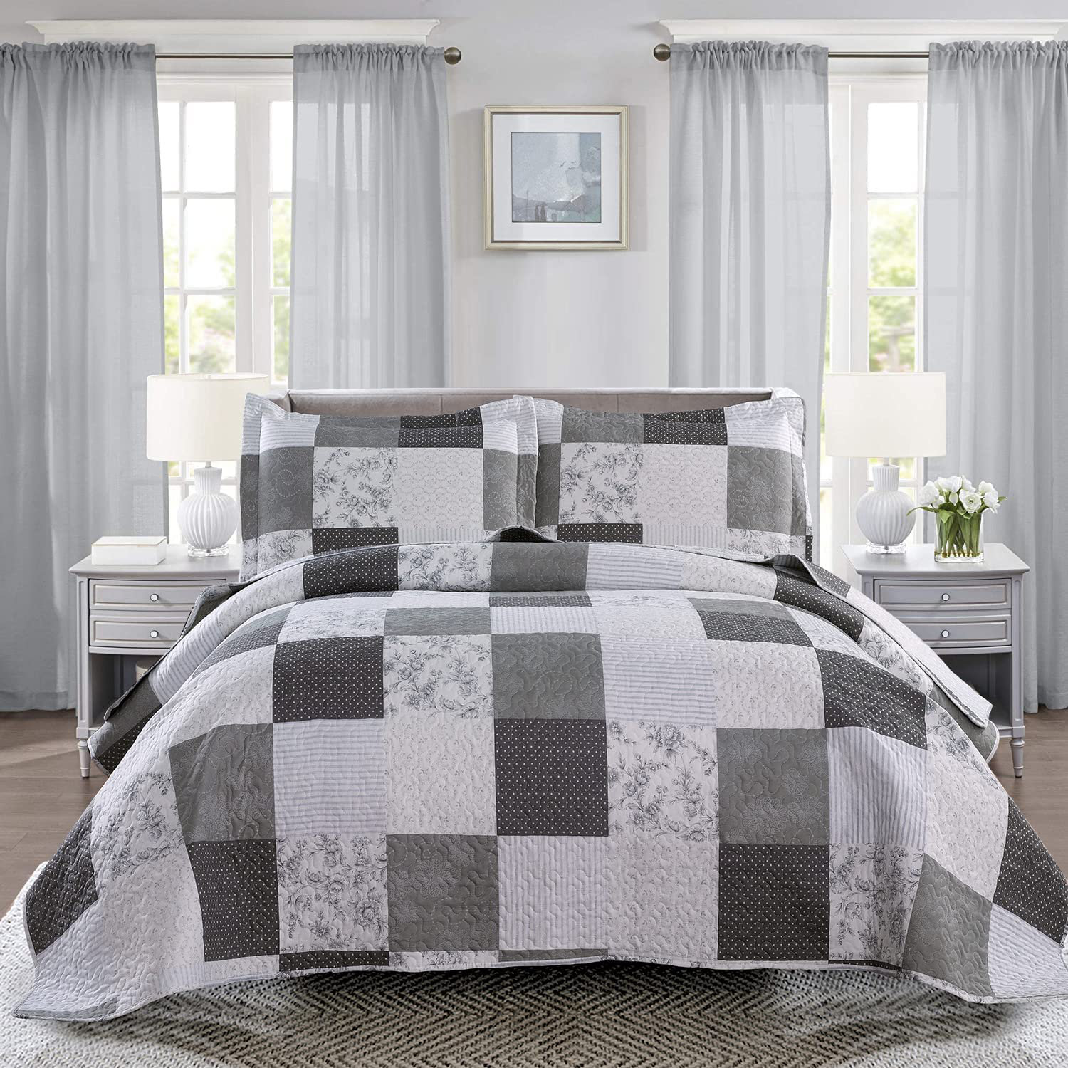 Smuge Gretta Grey/White Microfiber 3 Piece Quilt Set - Wayfair Canada