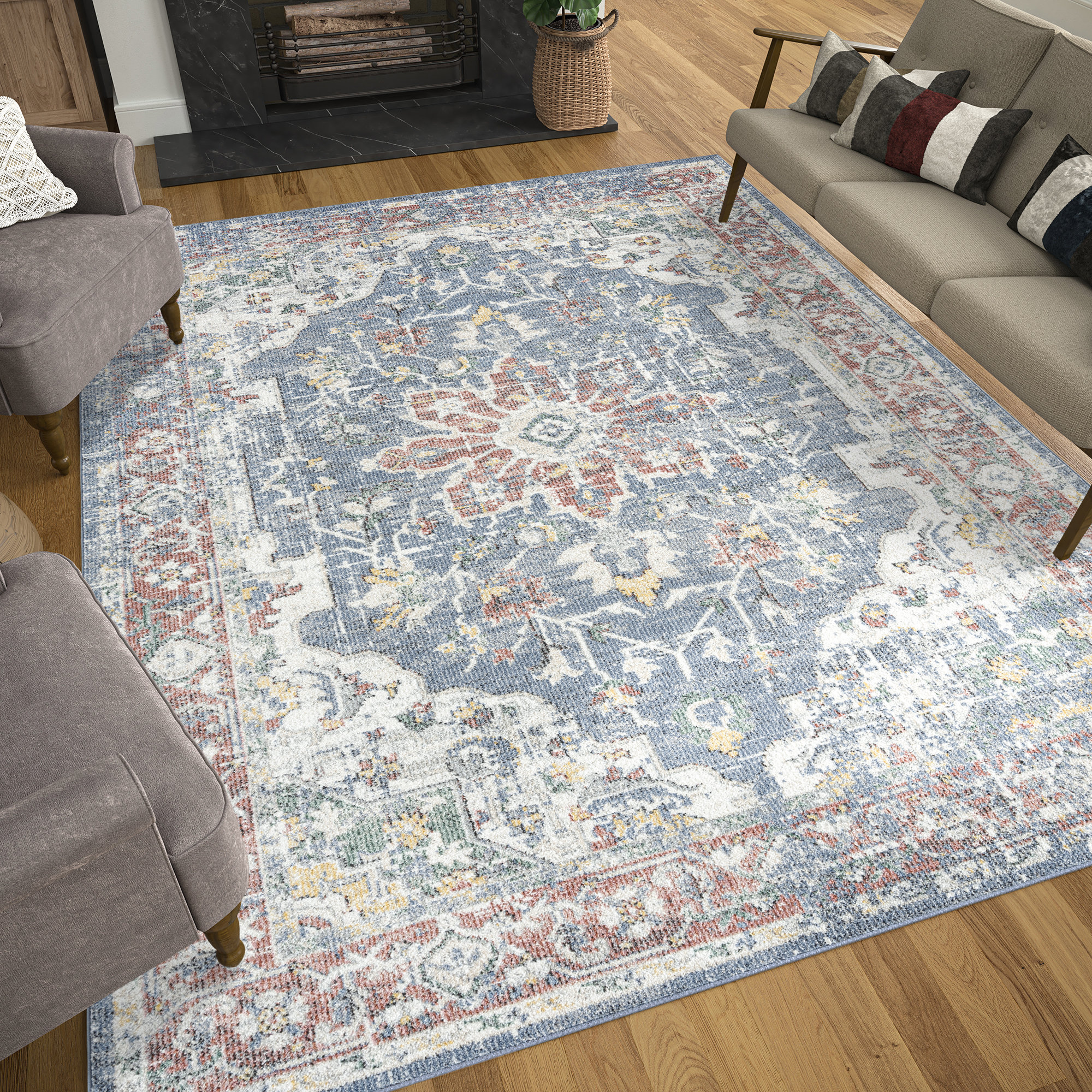 Charlton Home® Arles Oriental Blue/Cream/Rust Area Rug | Wayfair