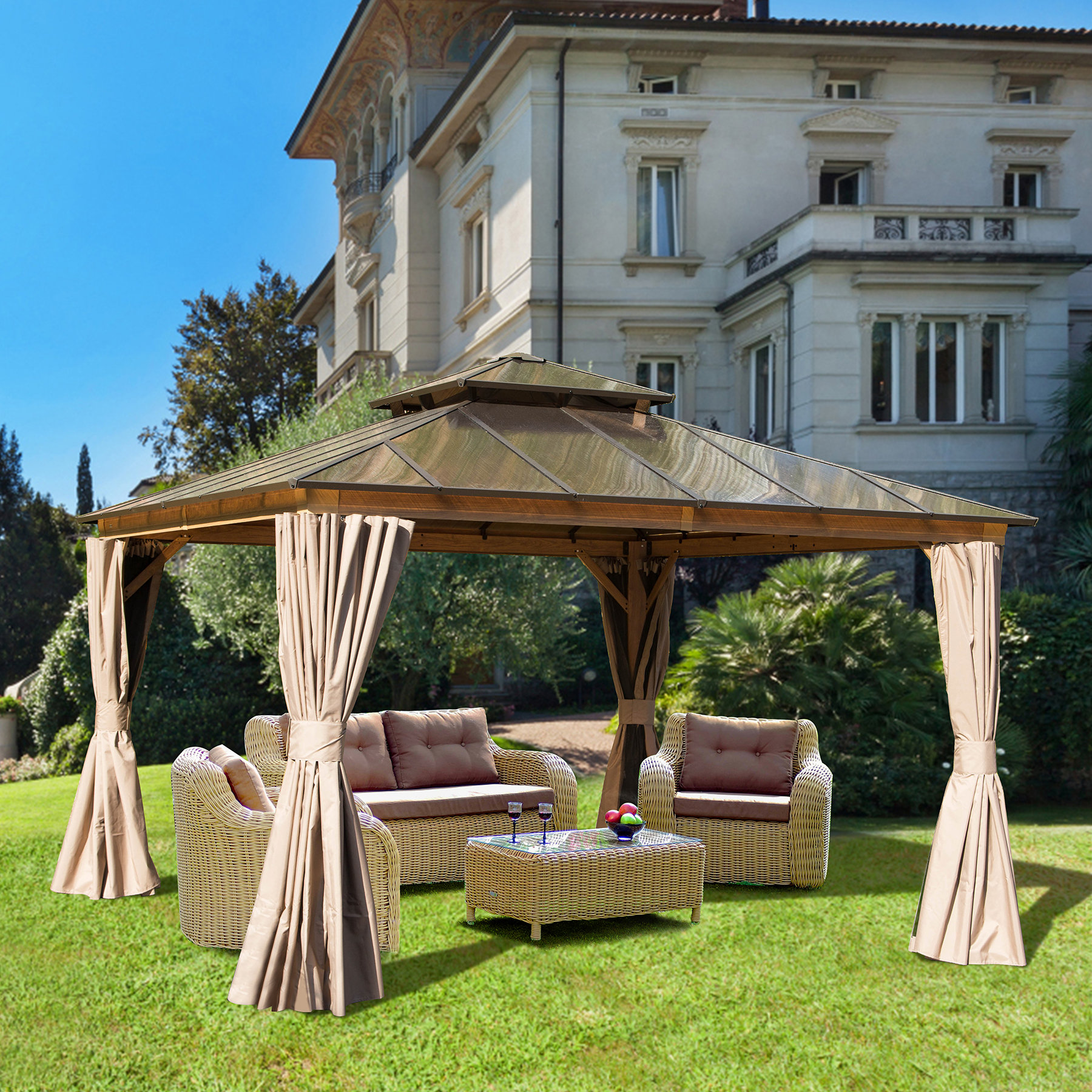 Domi Louvered Aluminum Patio Gazebo Permanent Double Polycarbonate Roof ...