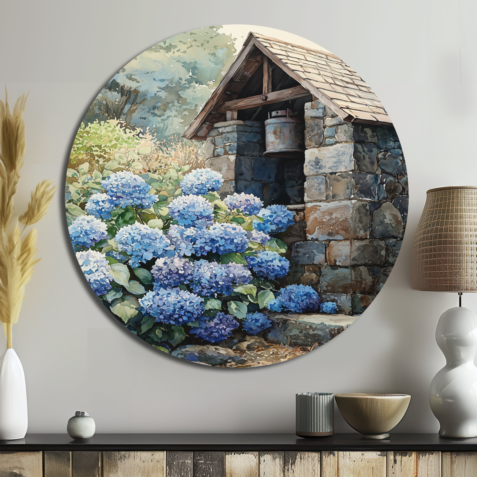 August Grove Hydrangeas By The Farm Well II - Hydrangea Round Metal ...