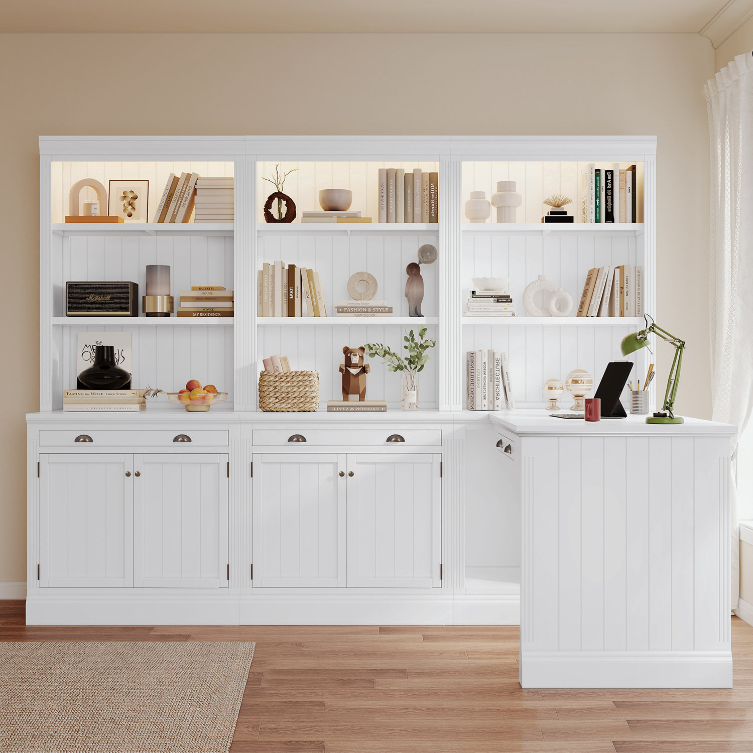 hanada 3-Piece Set Tall Bookshelf and Writting Desk Suite with LED ...